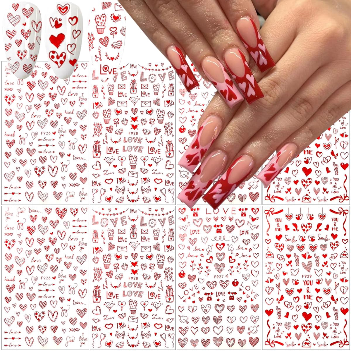 8Sheets Valentine's Day Art Stickers Red Heart Decals 3D Self Adhesive ...