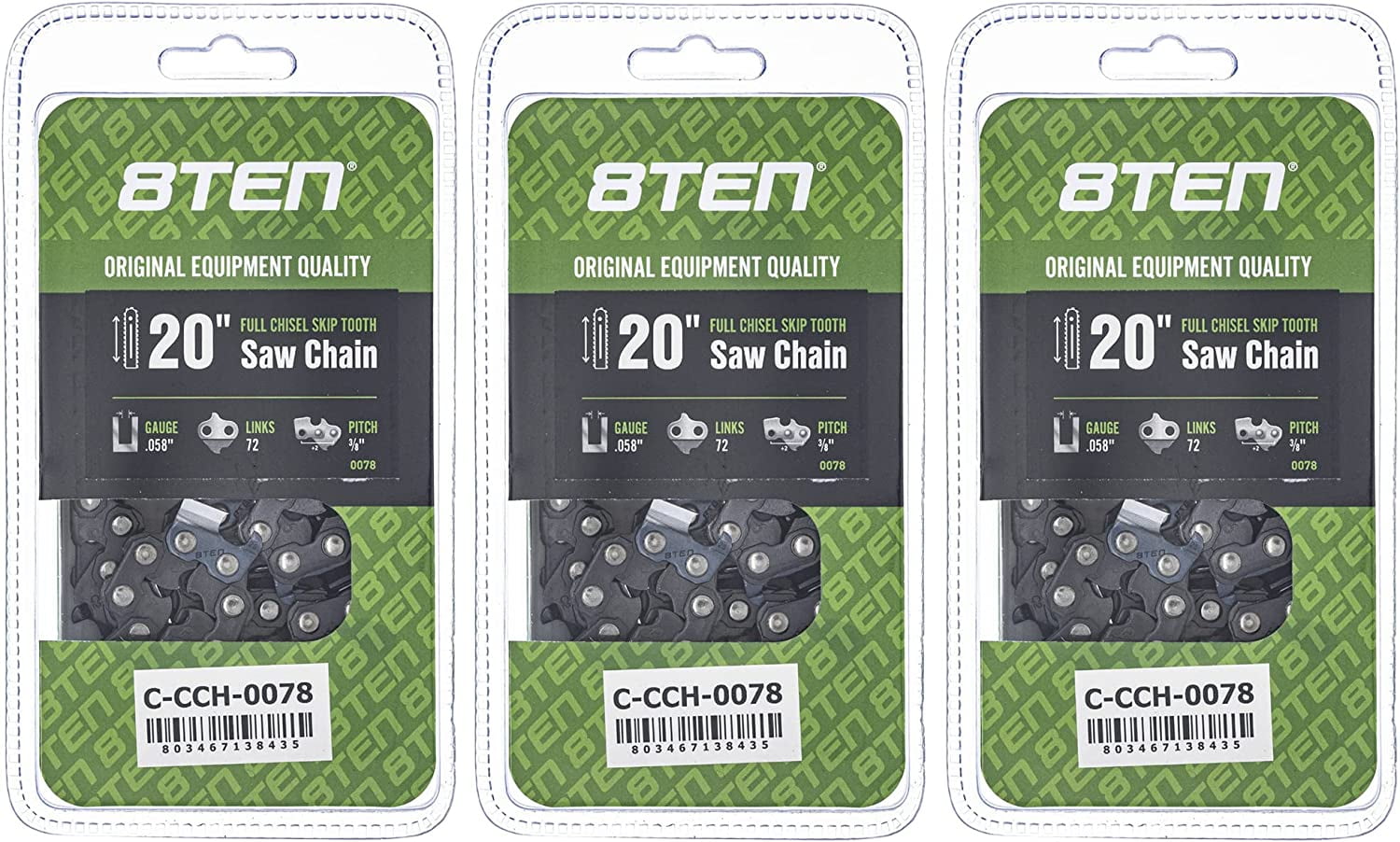 8TEN Full Chisel Skip Tooth Chainsaw Chain 20 Inch .058 3/8 72DL For ...