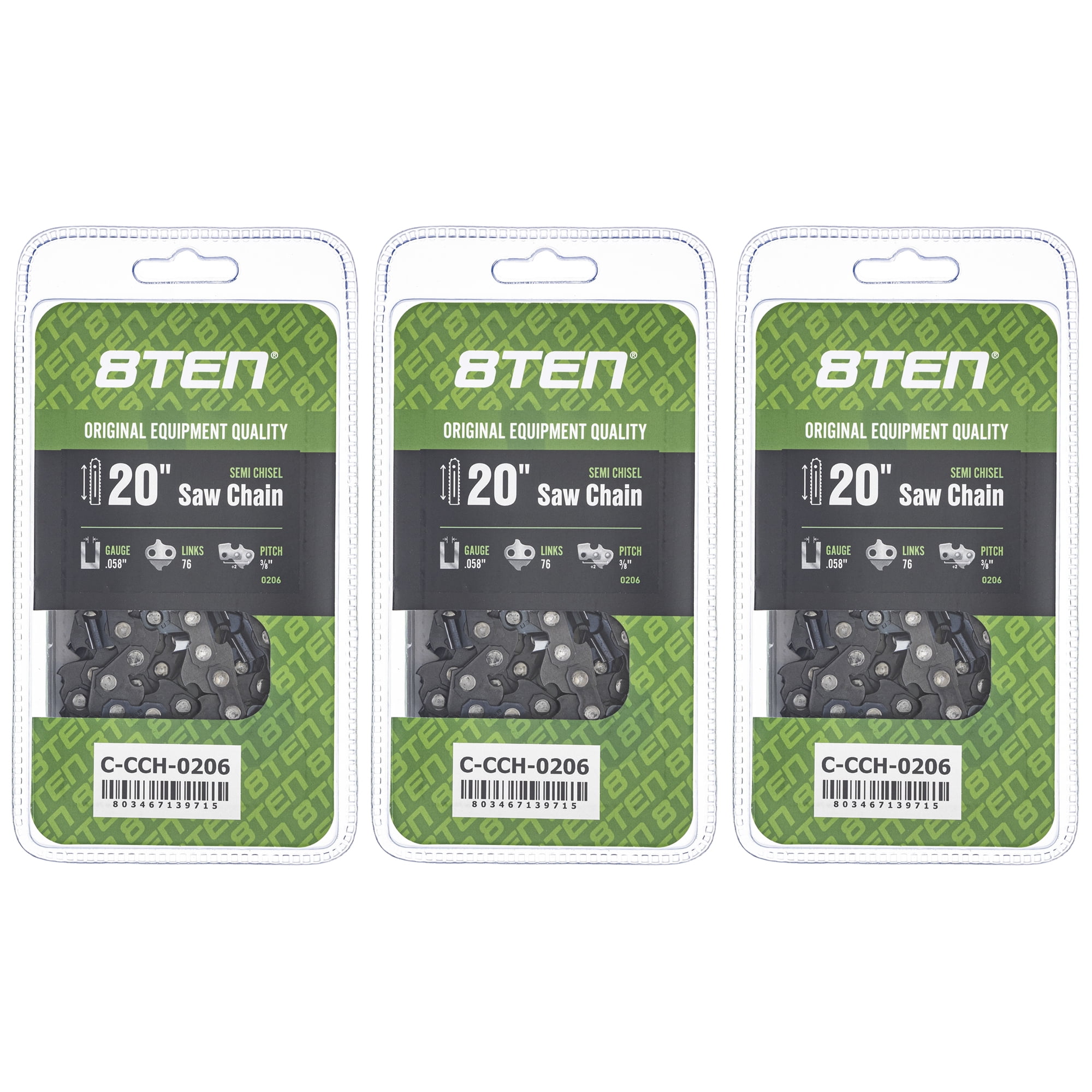 8TEN Semi Chisel Chainsaw Chain 20 inch .058 3/8 76DL 3 Pack 810 ...