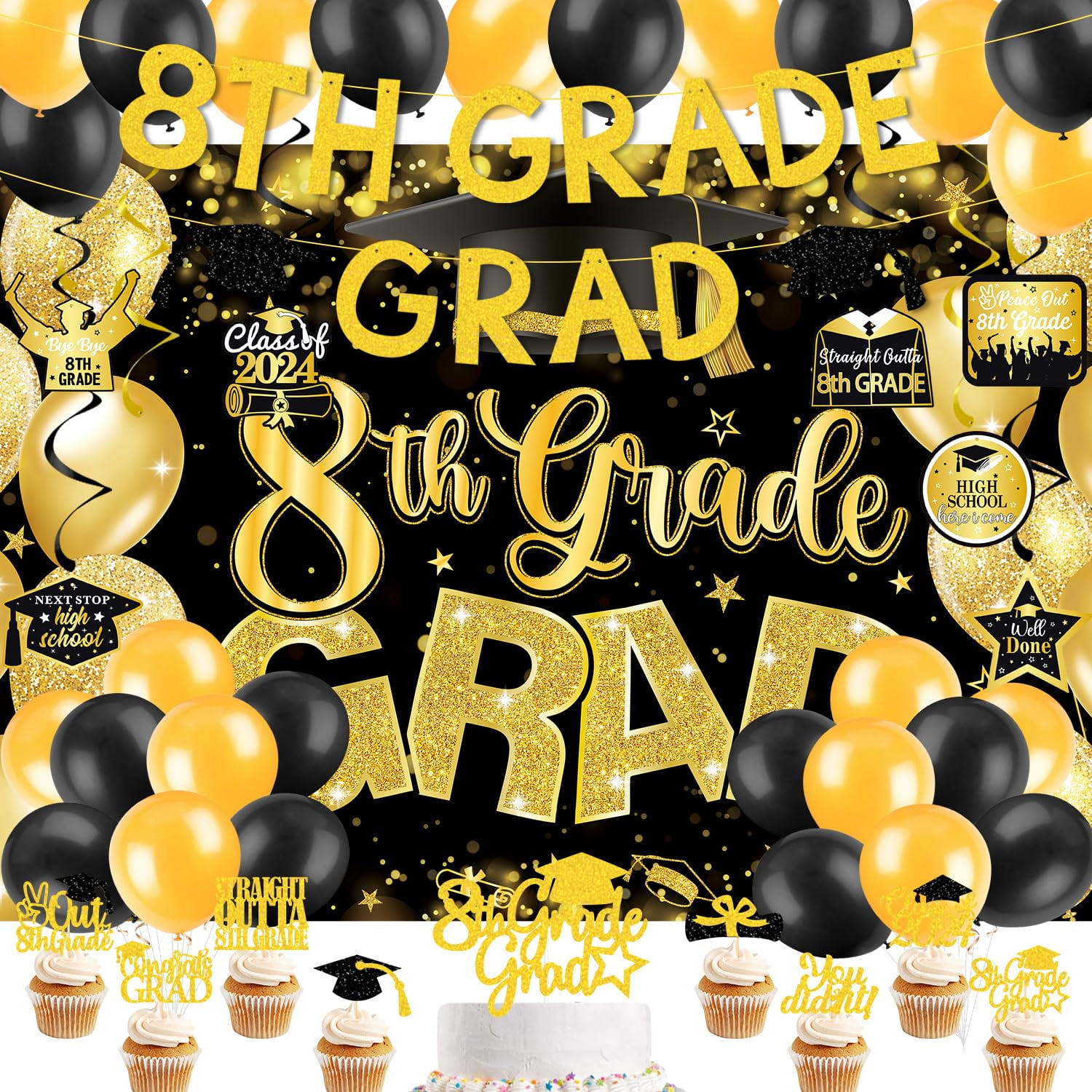 8TH Grade Graduation Decorations 2024 with Banner, Backdrop, Topper ...