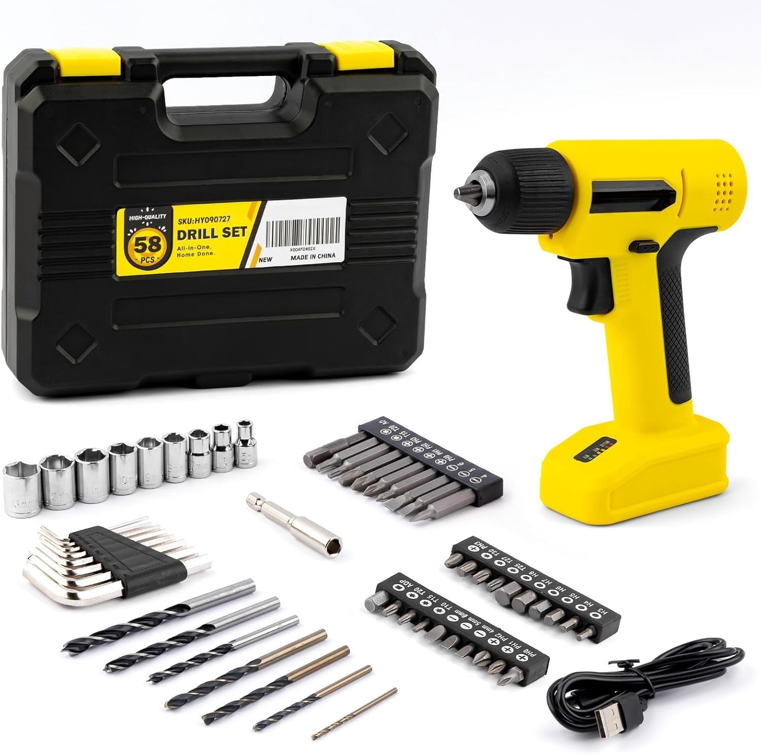 8V Cordless Drill Tool Set 58 count, Built-in , Variable Speed, Type-C ...