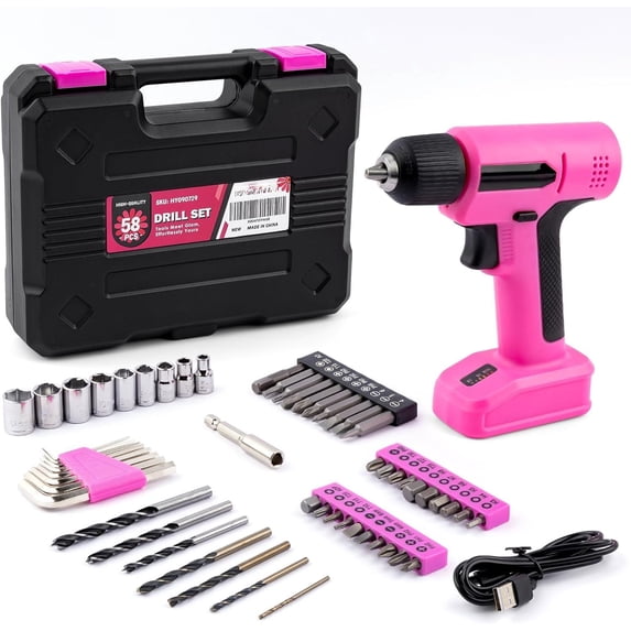 8V Cordless Drill Tool Set 58 count, -in LED, Variable Speed, Type-C ...