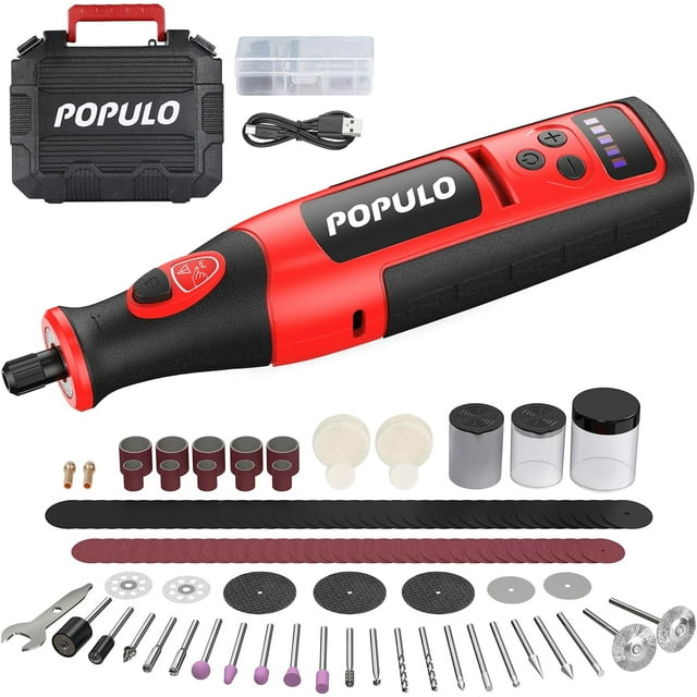 POPULO 8V Cordless Rotary Tool Kit, 2.0Ah Rechargeable Battery, 124 ...