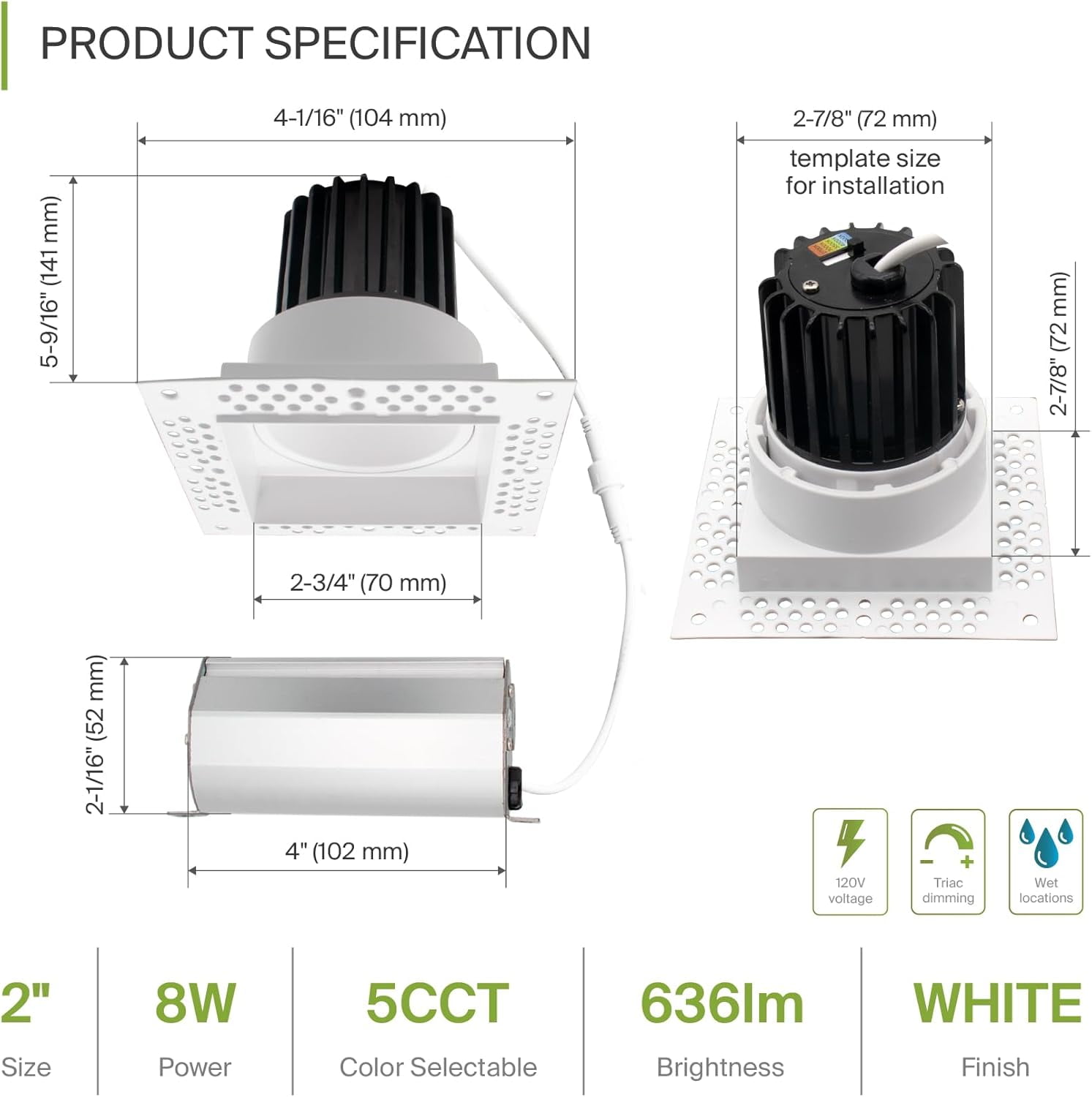 8W 120V Commercial Square LED Recessed Light, Trimless Design with ...