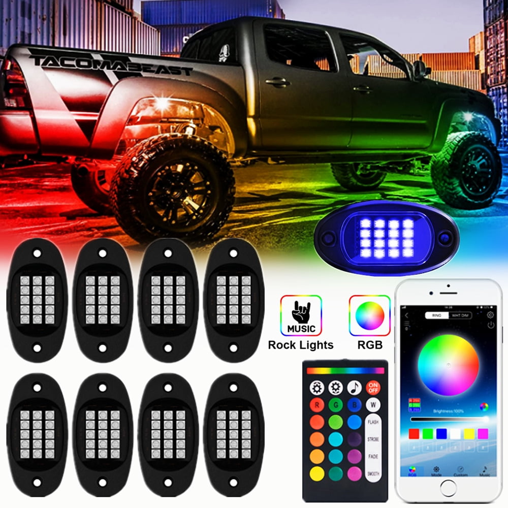 8X Pod RGB LED Rock Lights Kit Underglow Lights Truck Bluetooth APP ...