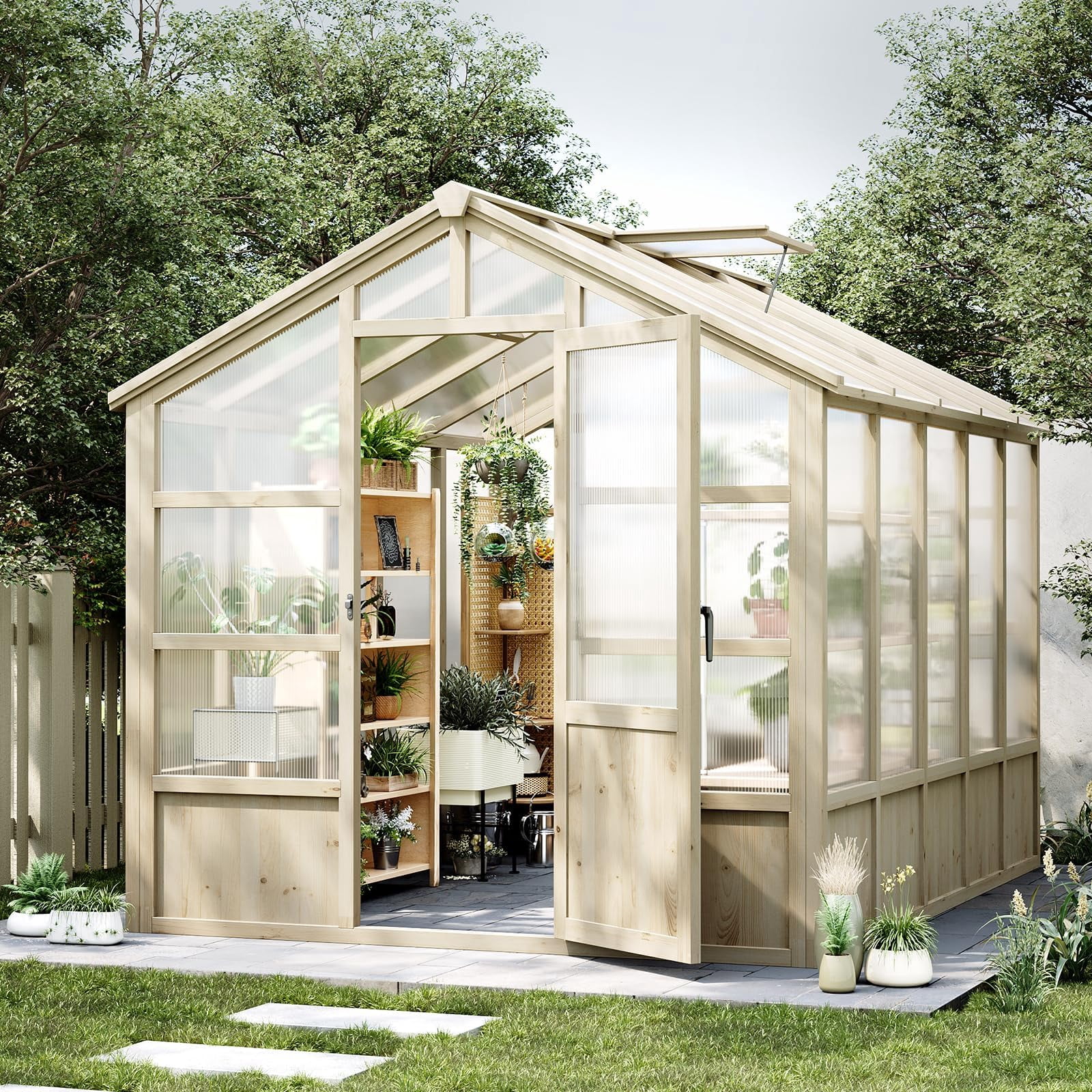 8X10 FT Outdoor Wooden Greenhouse with Lockable Door and Adjustable ...