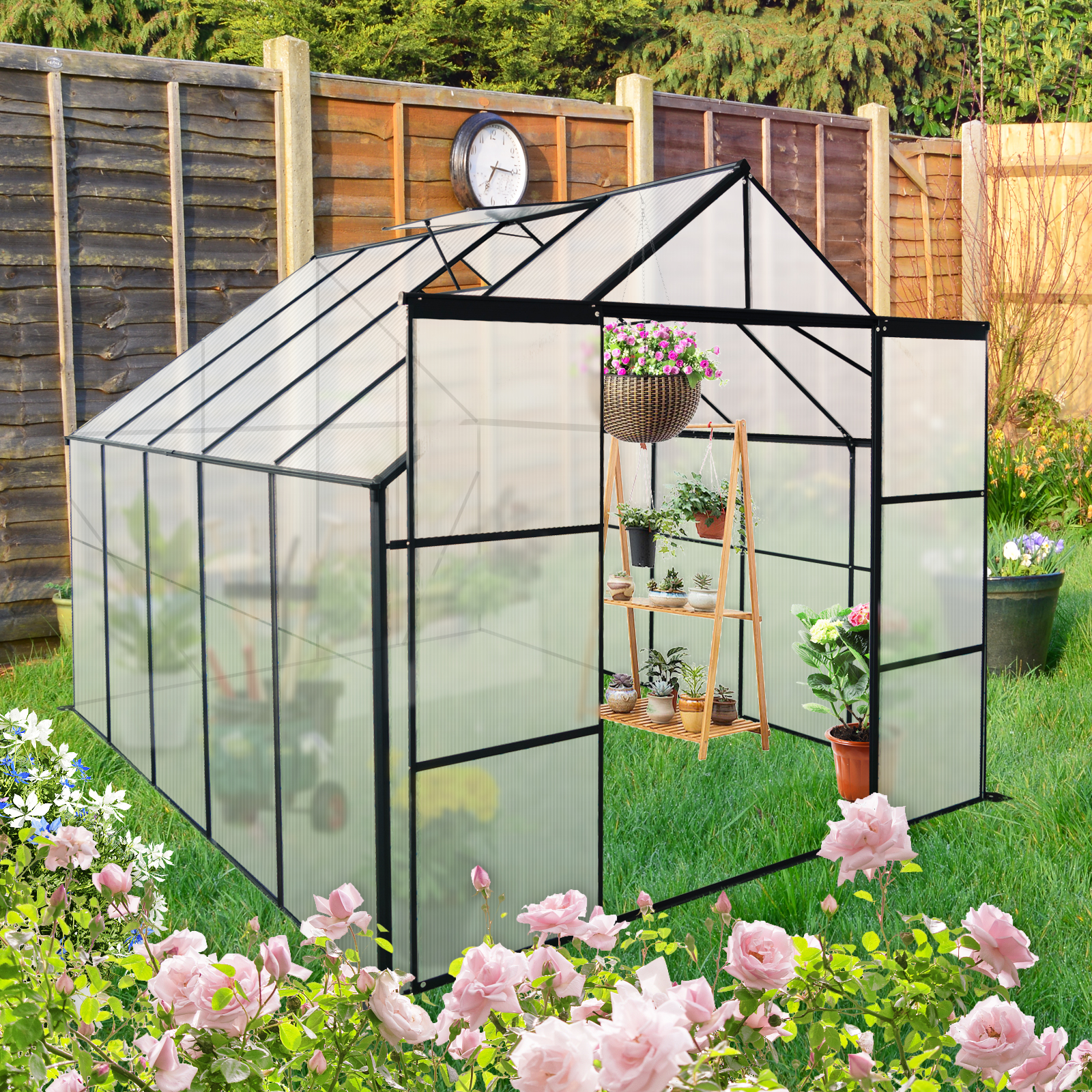 8X10Ft Double Door Polycarbonate Greenhouse Raised Base and Anchor ...