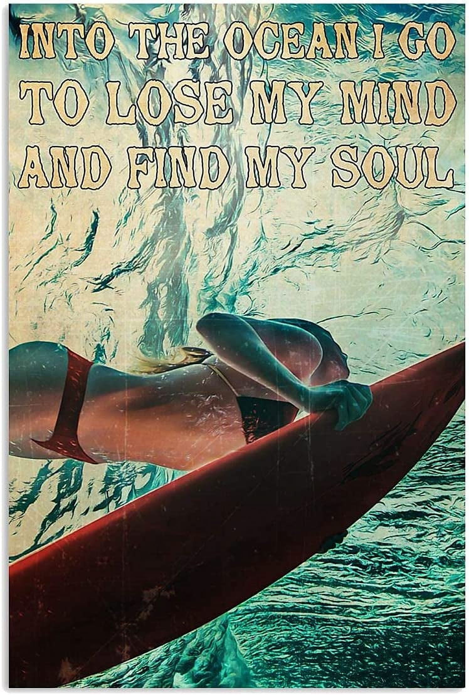 8X12 Inch Metal Tin Sign of Girl with Surfboard in The Sea and Into The ...