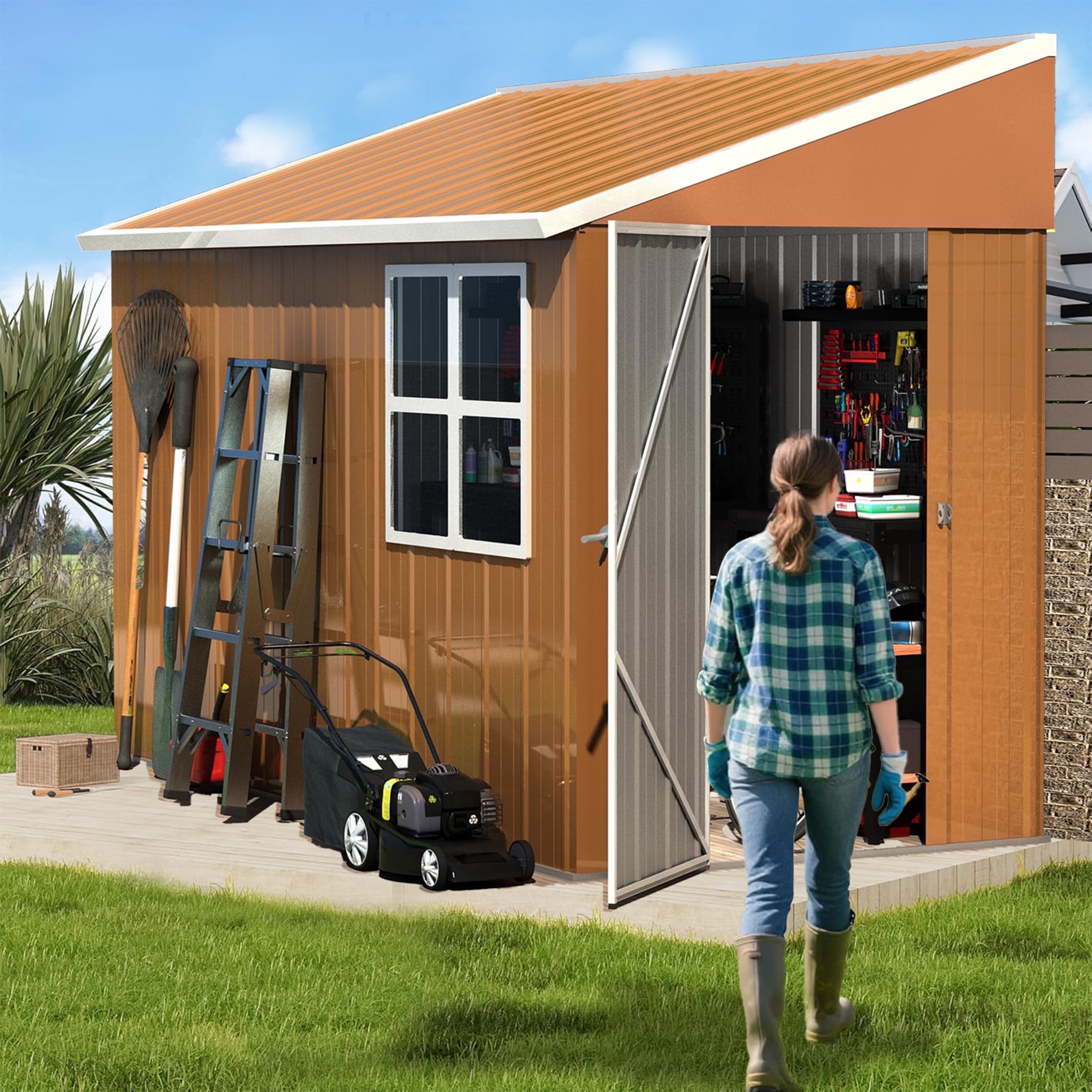 8X4 FT Outdoor Storage Shed with Windows, Metal Garden Tool Shed with ...