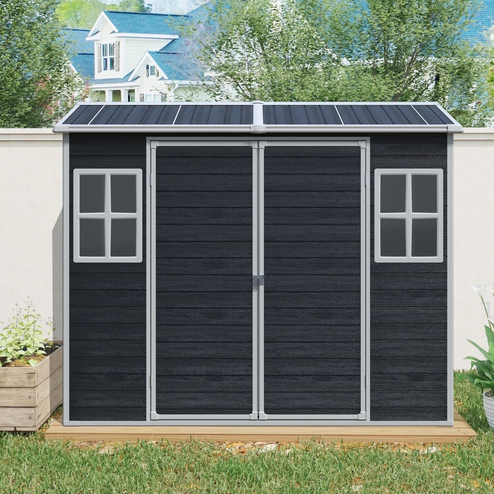 8x4ft Resin Outdoor Storage Shed with Floor and 2 Windows Black ...