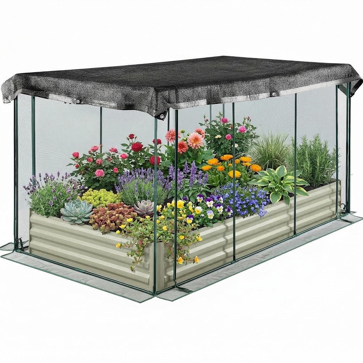 8X4x1Ft Raised Garden Bed with Cover, Galvanized Oval Planter Garden ...
