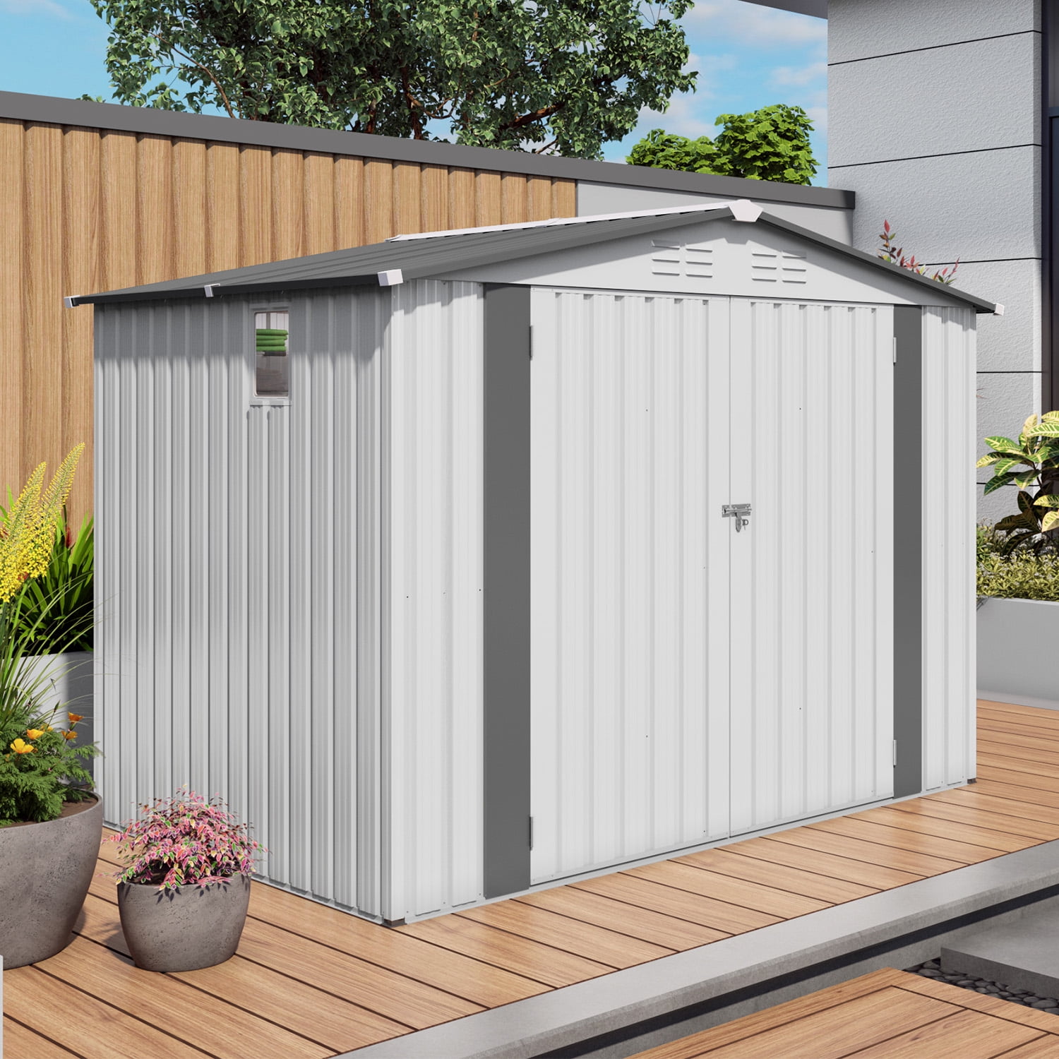 8X6 FT Metal Outdoor Storage Shed, Tool Shed with Pitched Roof ...