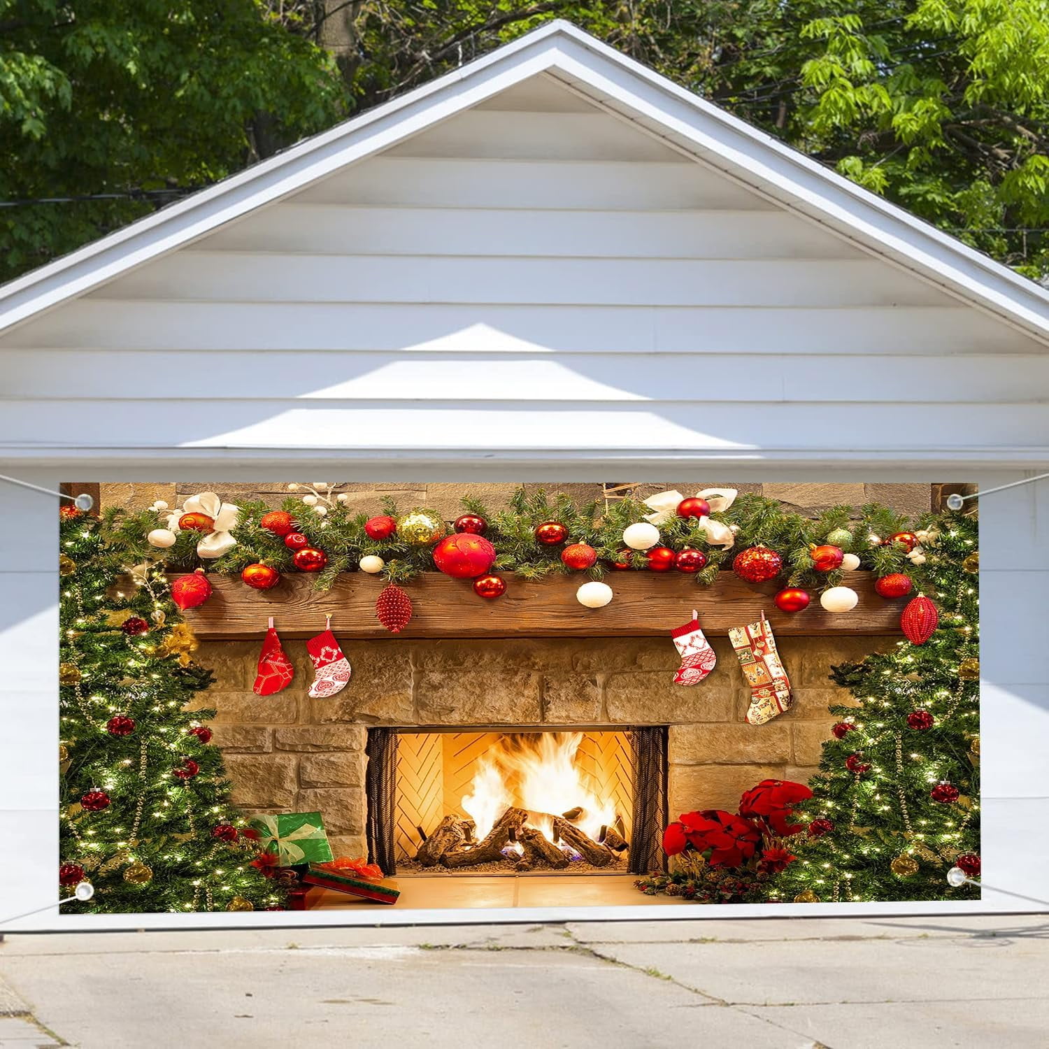 8X6 ft Merry Christmas Fireplace Theme Garage Door Decorations ...