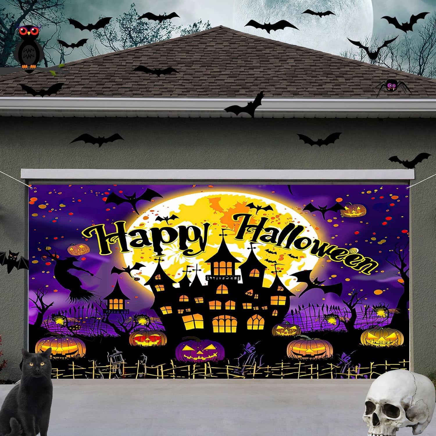 8X6 ft Purple Happy Halloween Castle Garage Door Decoration Background ...