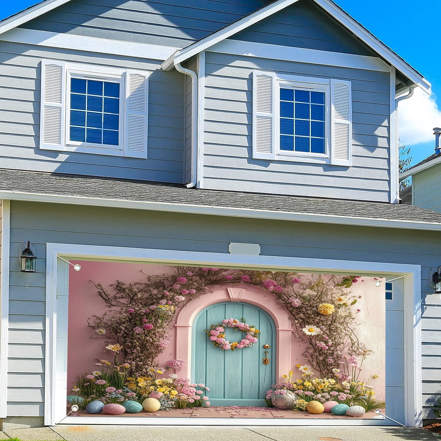 8X6 ft Spring Easter Garage Door Cover Backdrop Pink Garden Bunny ...