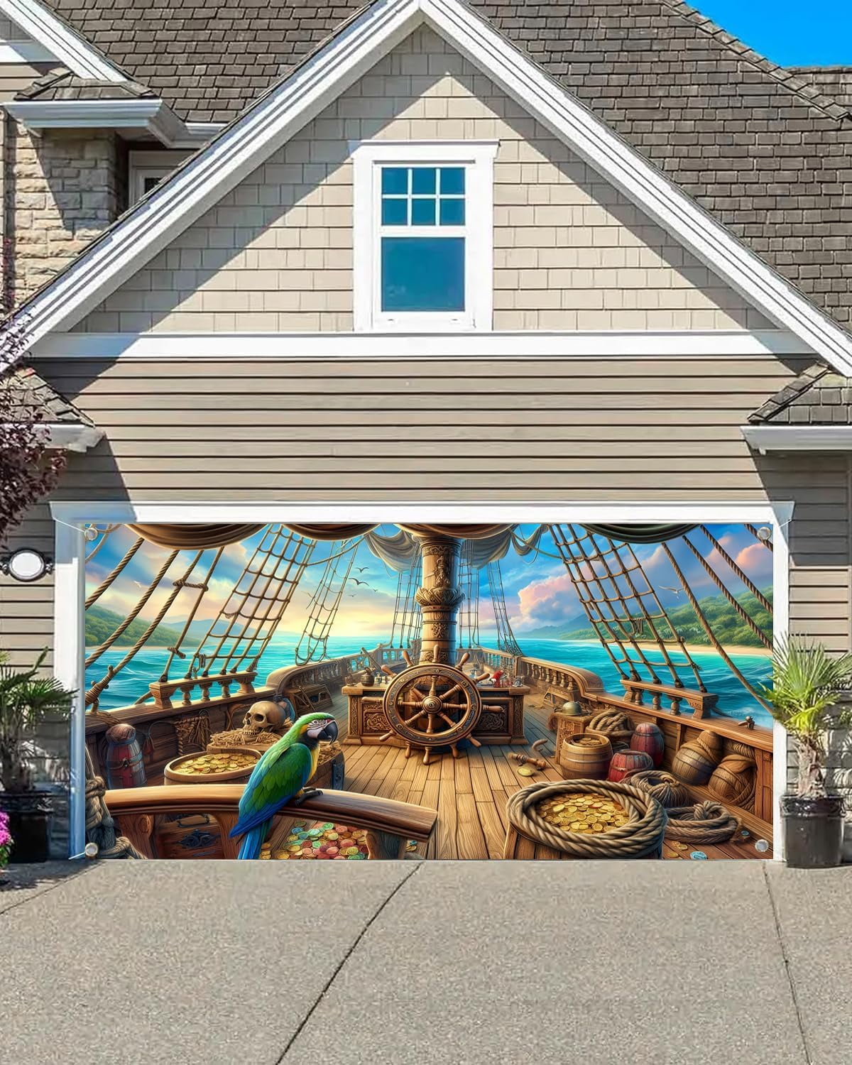 8X6 ft Vintage Pirate Ship Garage Door Decoration Background Parrot ...