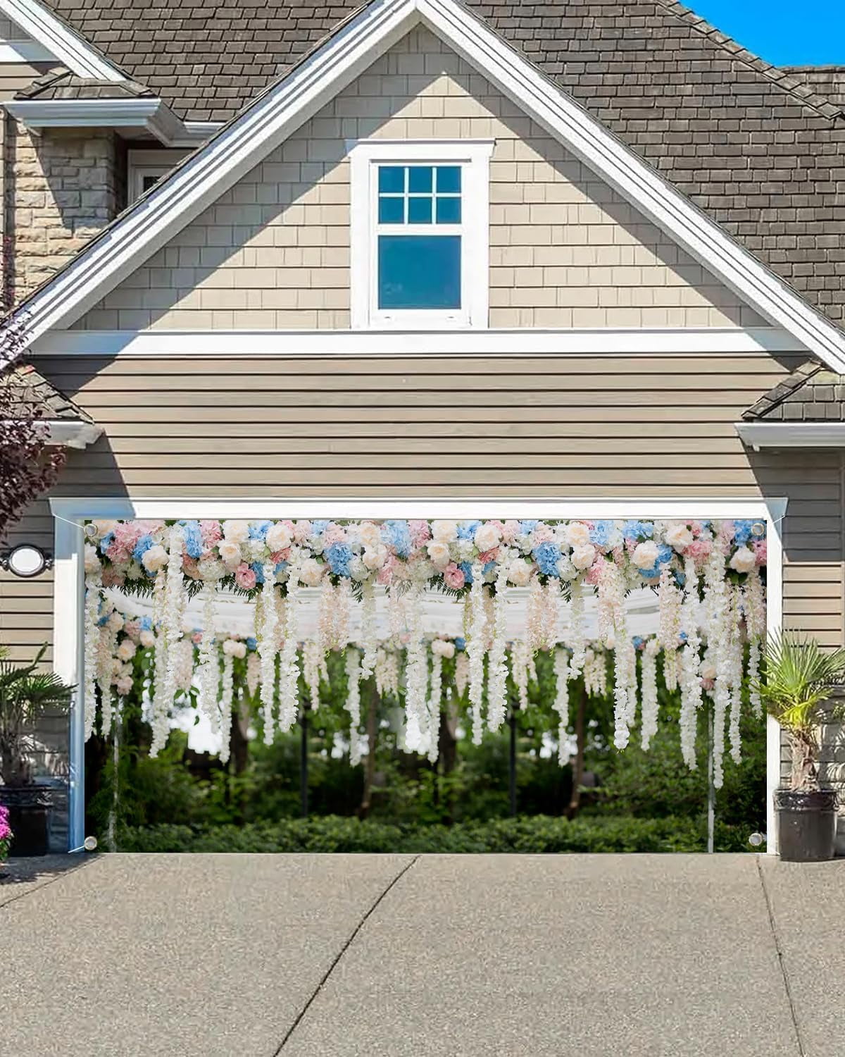 8X6 ft Wedding Floral Garage Door Background White Blue Rose Flower ...