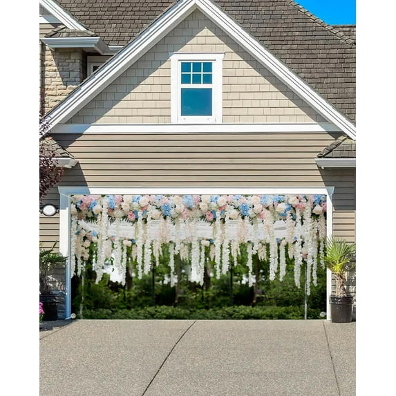 8X6 ft Wedding Floral Garage Door Background White Blue Rose Flower ...