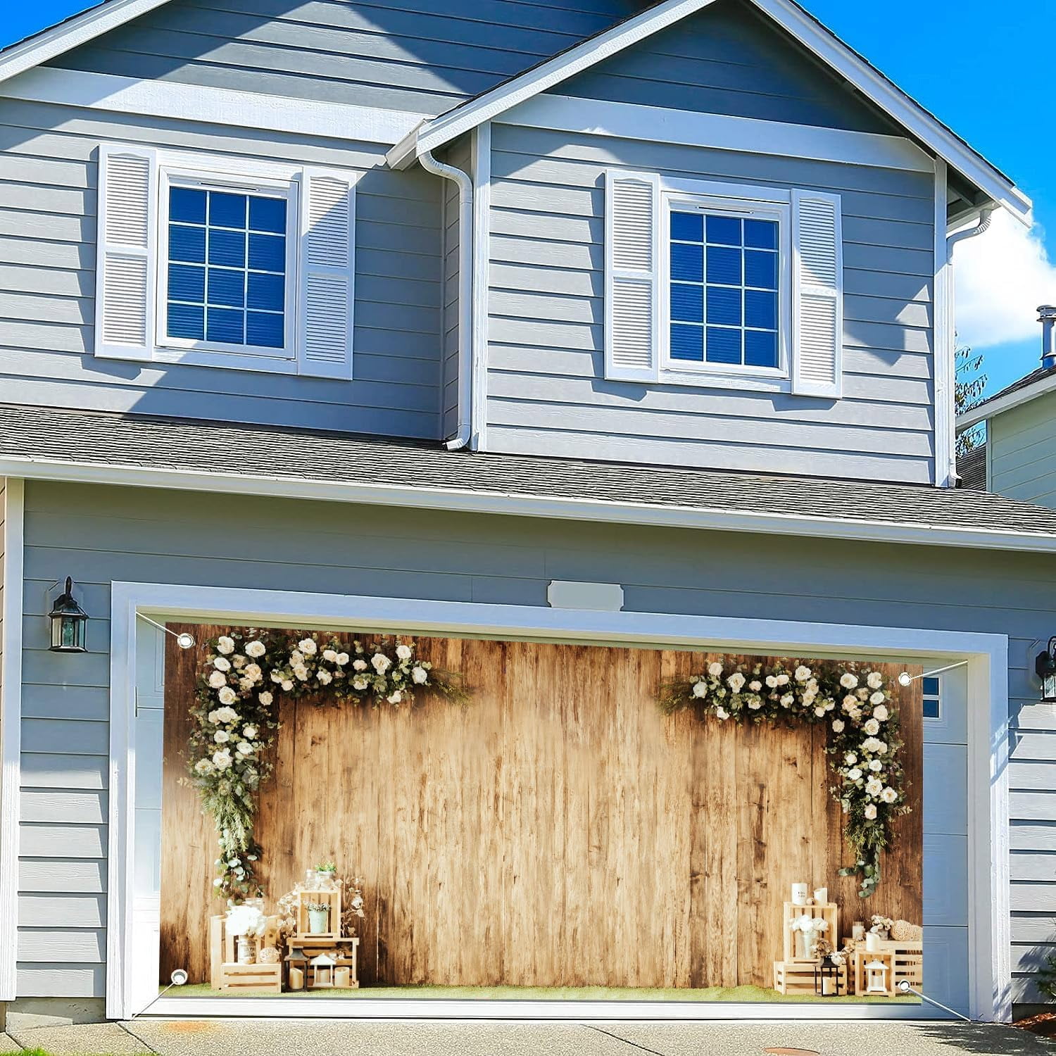 8X6 ft Wedding Wood Wall Rustic Floral Garage Door Background ...