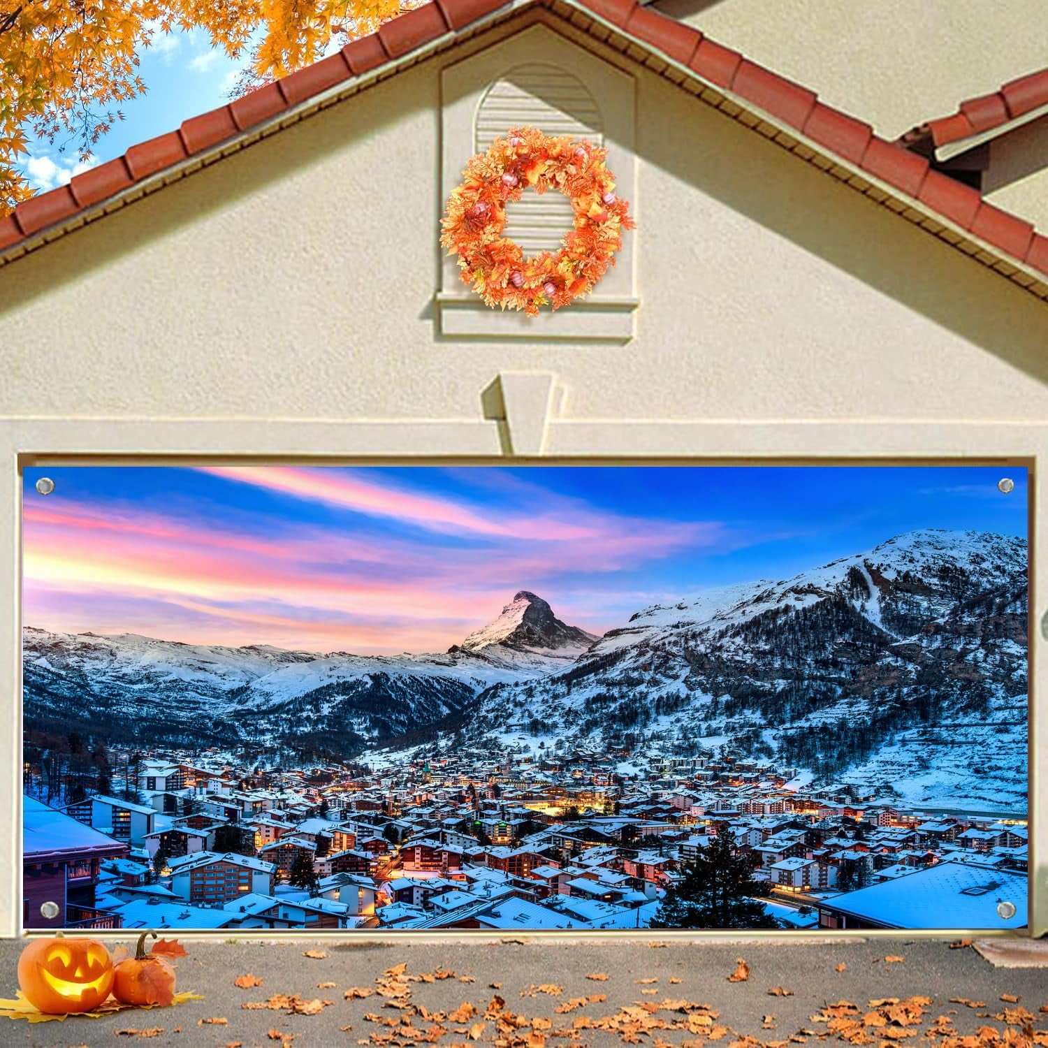 8X6 ft Winter Mountain Village Matterhorn Photoshoot Garage Door ...