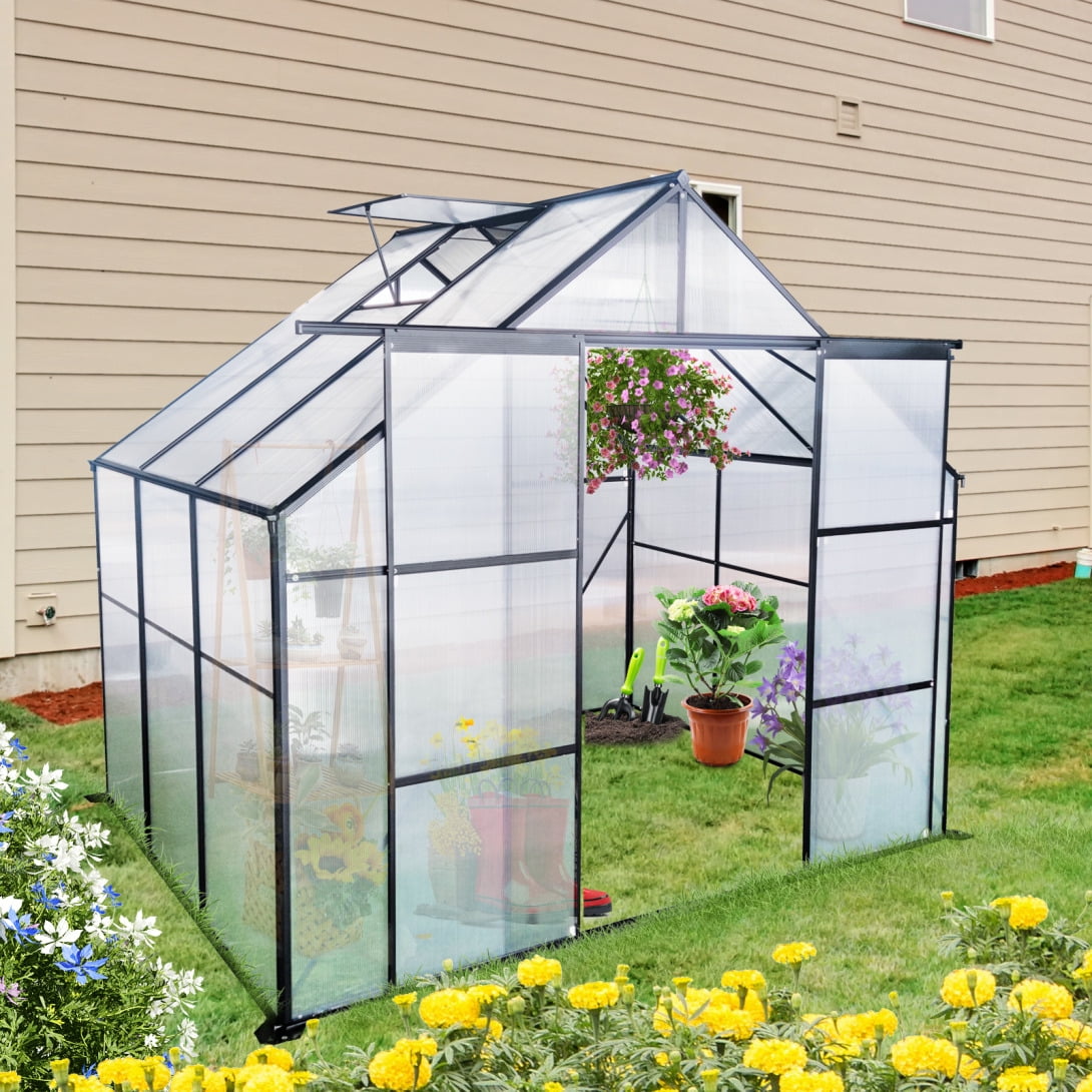 8X6FT Double Door Polycarbonate Greenhouse with Raised Base, Anchor Aluminum Heavy Duty Walk-in ...