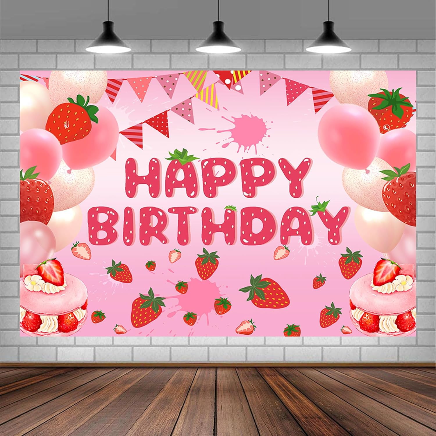 8X6FT Strawberry Birthday Backdrop Banner Happy Birthday Party ...
