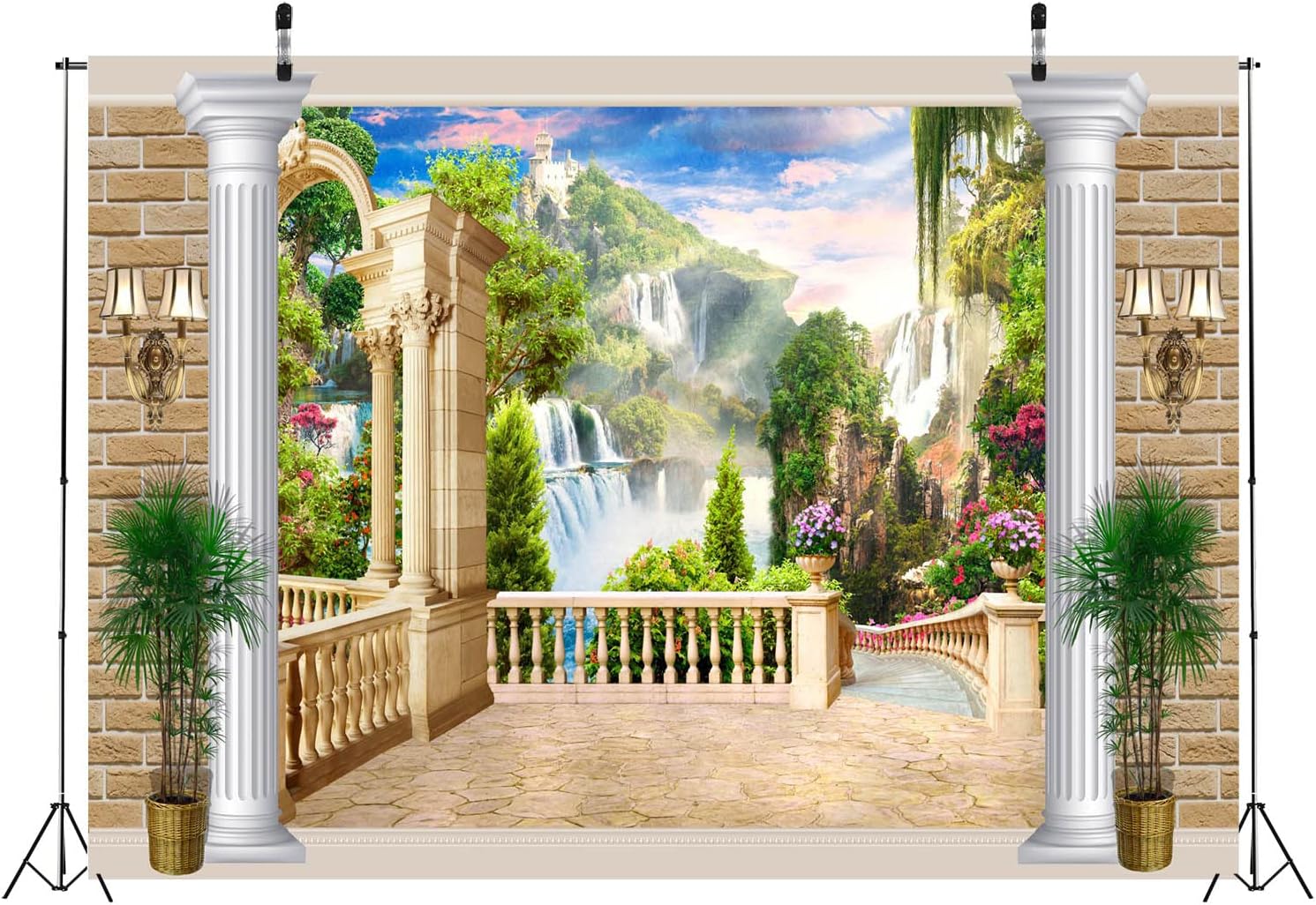 8X6Ft Fabric Vintage Terrace Backdrop Interior Wall Columns Mountain ...