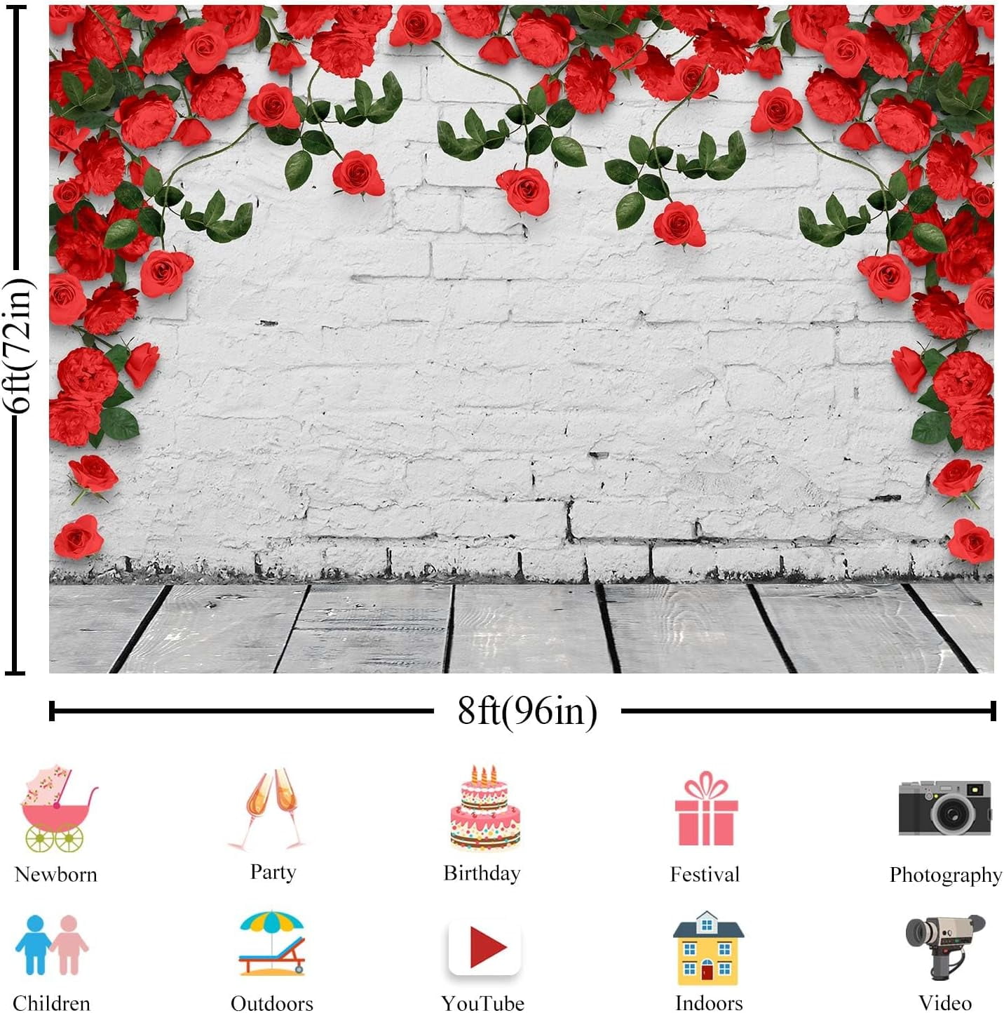 8X6Ft Flower Photo Backdrop Red Rose Flower Wall Photography Background ...