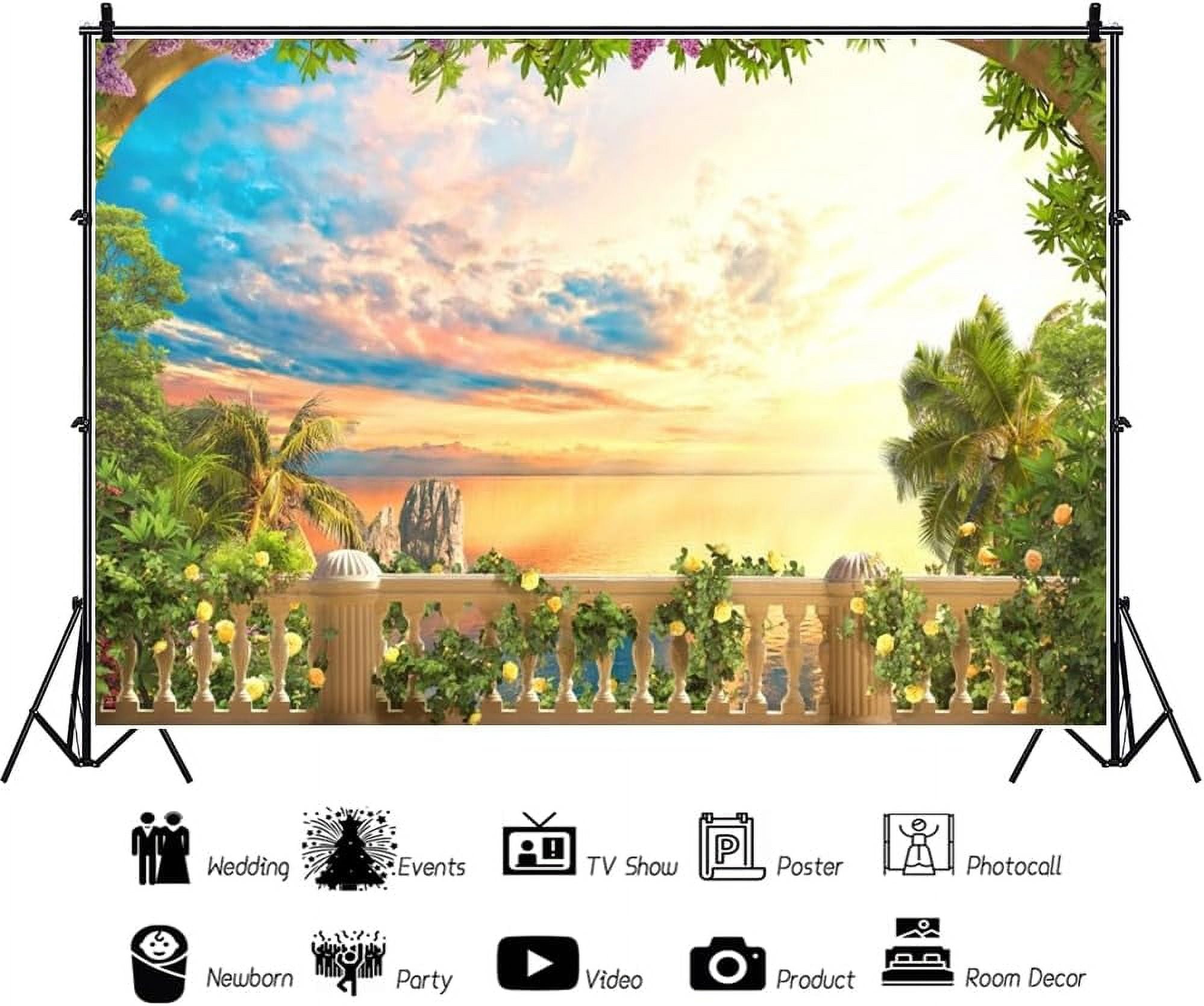 8X6Ft Garden Terrace Backdrop Blue Sky Ocean Shining Sunshine Colorful ...