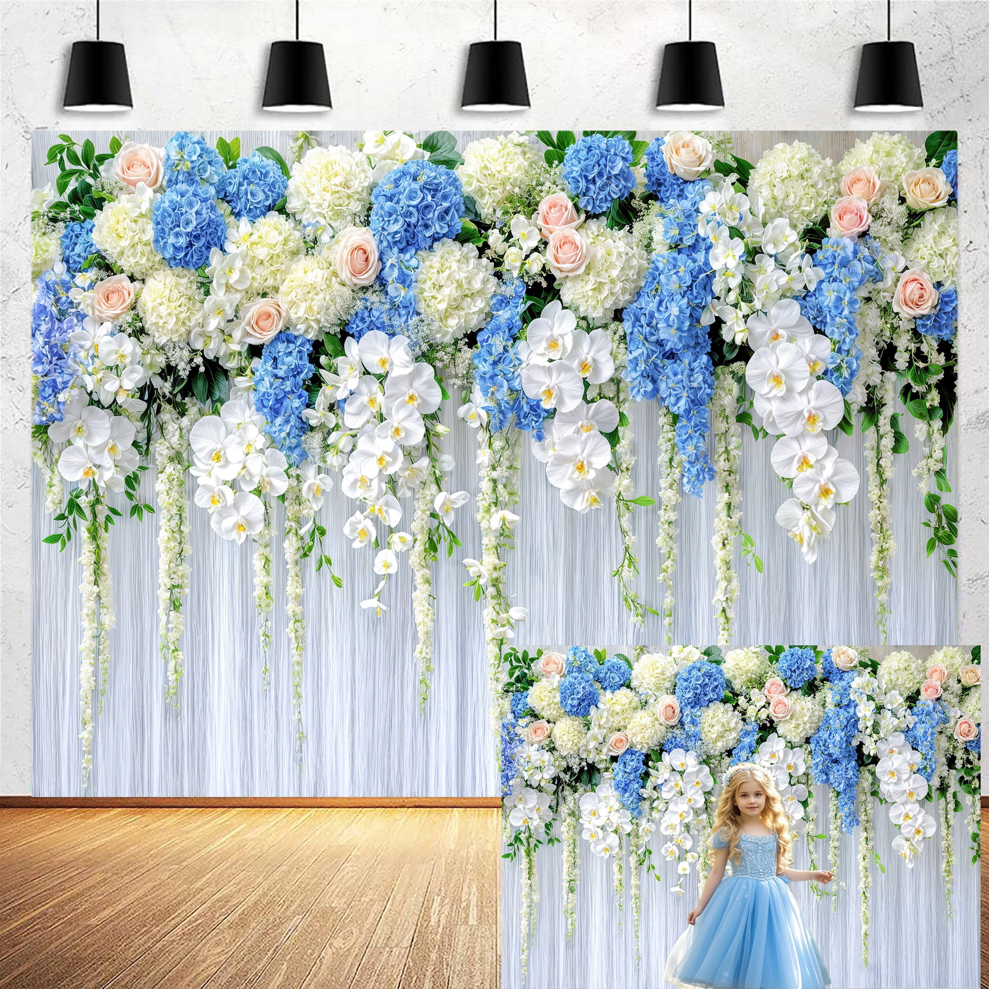 8X6ft Floral Flowers Backdrop White Blue Spring Photography Background ...