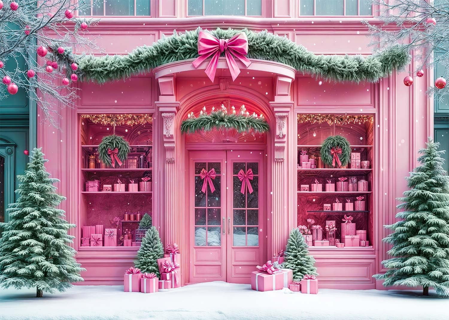 8X6ft Pink Christmas Backdrop Winter Christmas Shop Store Xmas Tree ...