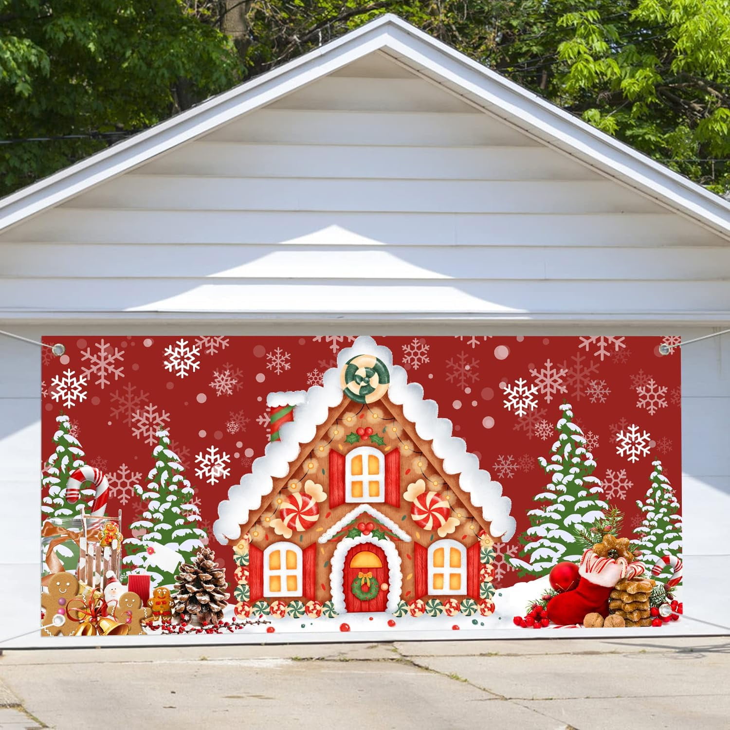 8X7 ft Christmas Garage Door Banner Red Gingerbread Large Christmas ...