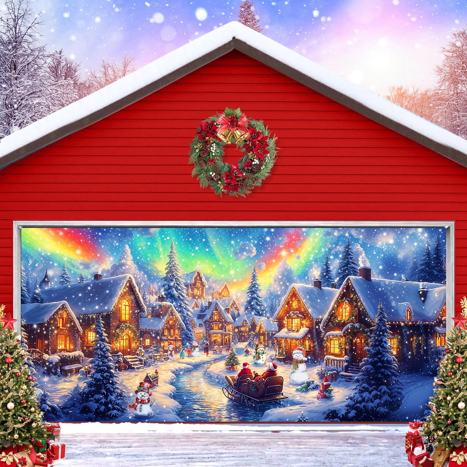 8X7 ft Christmas Village Garage Door Cover Colorful Winter Snow Night ...