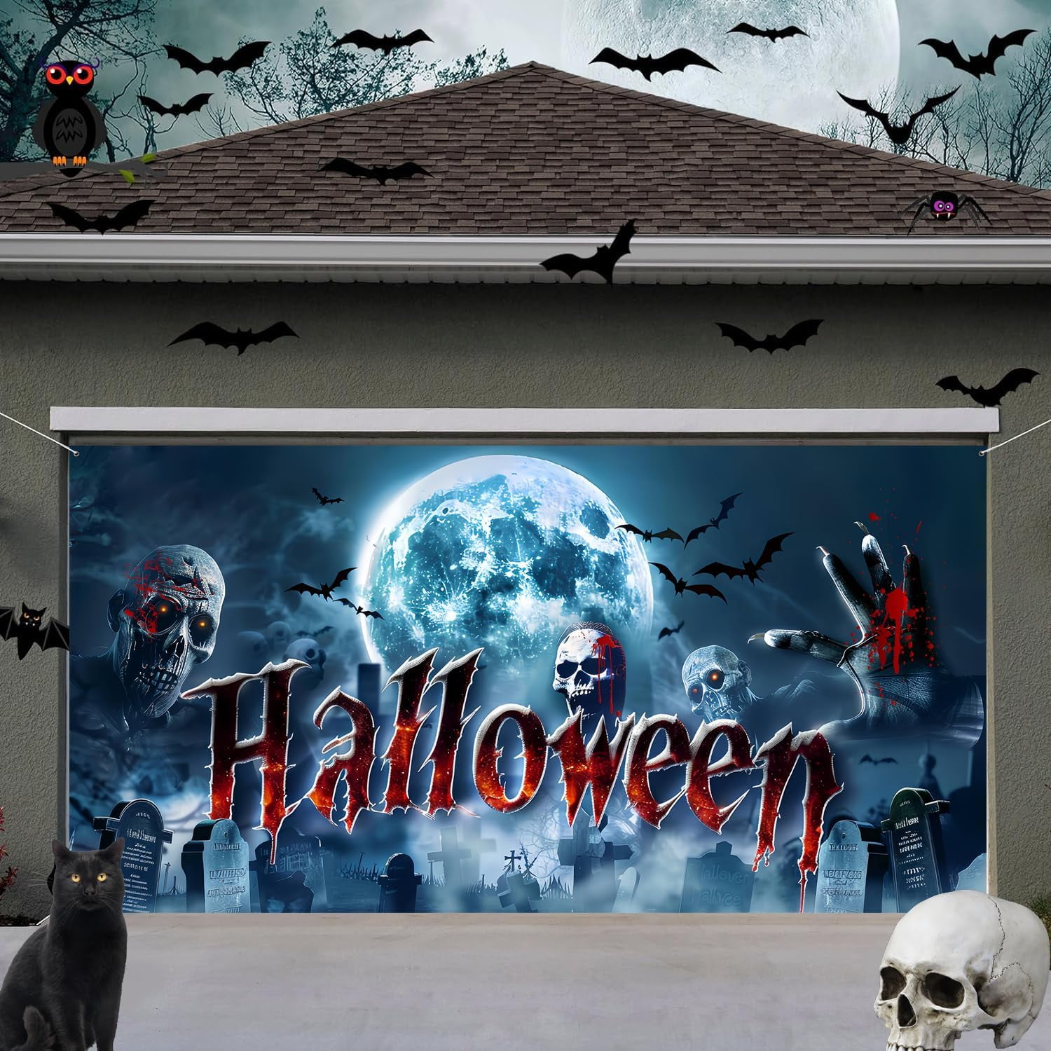 8X7 ft Halloween Garage Door Decoration Background Gray Horror Moon ...