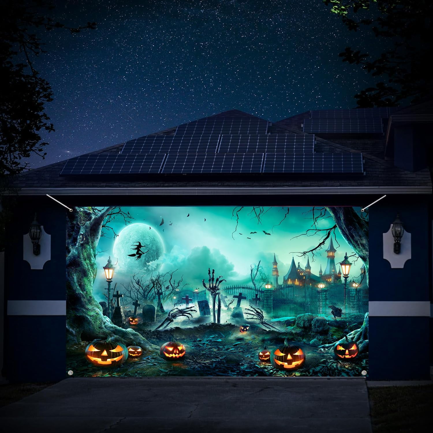 8X7 ft Happy Halloween Garage Door Decoration Background Horror Green ...