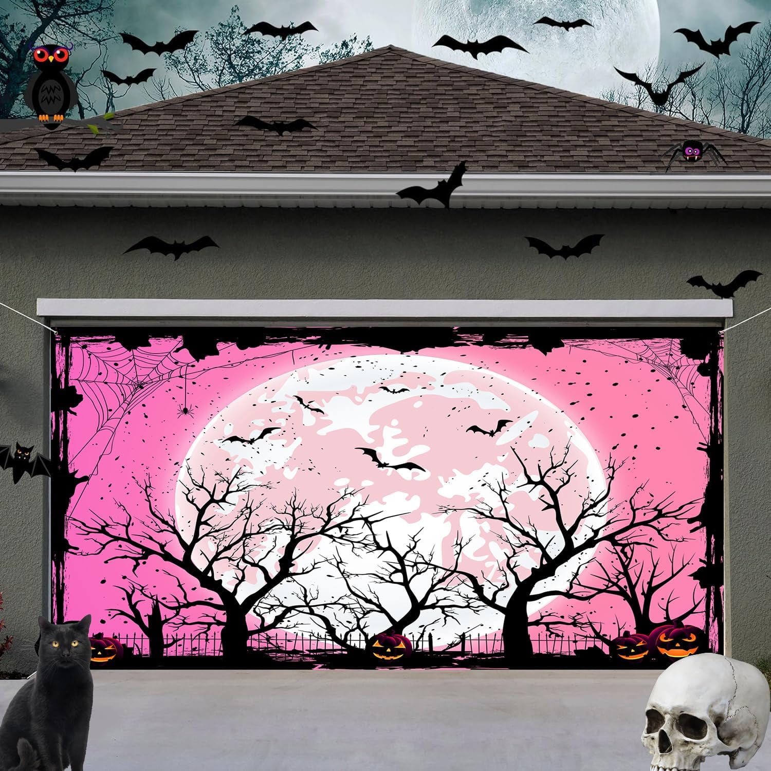 8X7 ft Happy Halloween Pink Garage Door Decoration Background Bat Scary ...