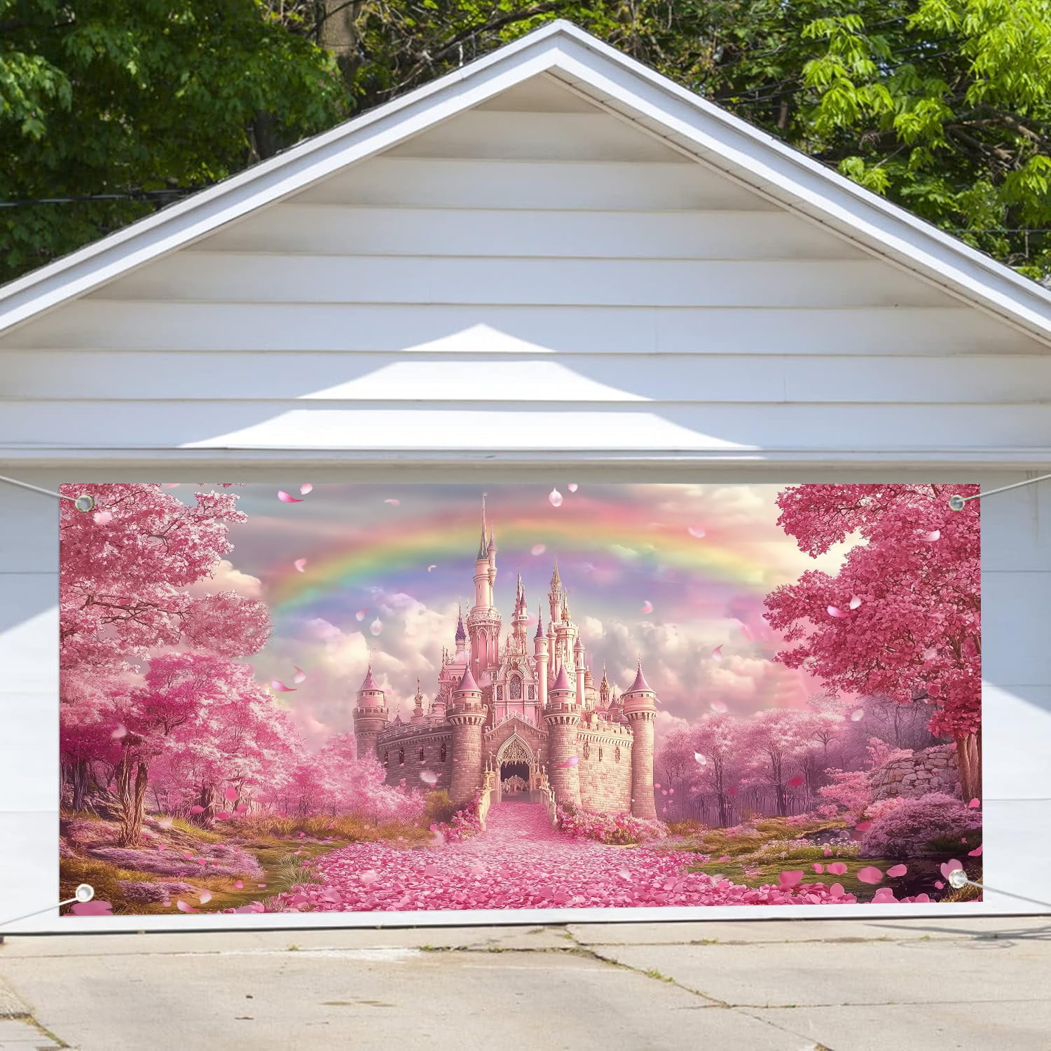 8X7 ft Pink Castle Princess Garage Door Decoration Backdrop Floral ...