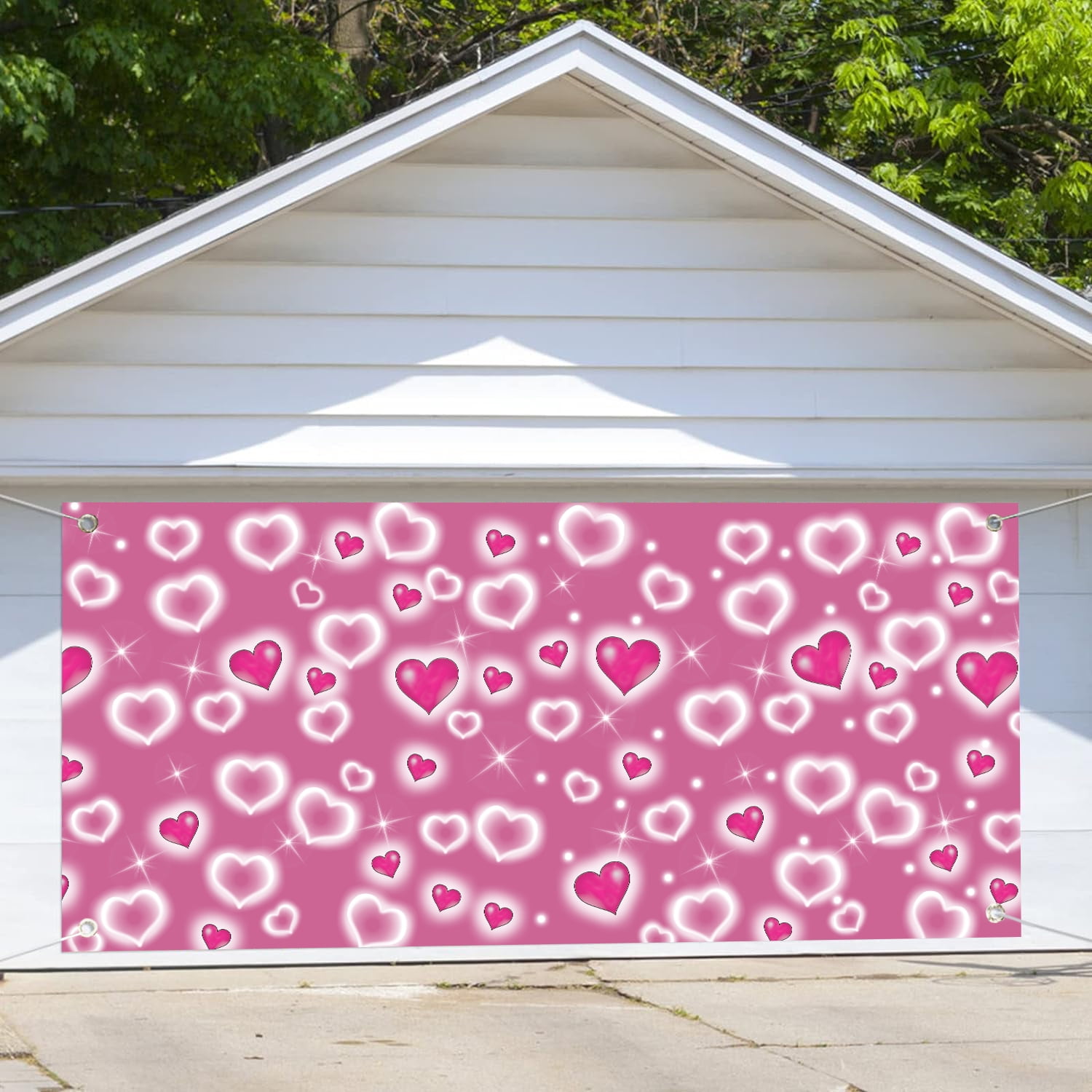 8X7 ft Valentine's Day Pink Heart Garage Door Cover Background Glitter ...