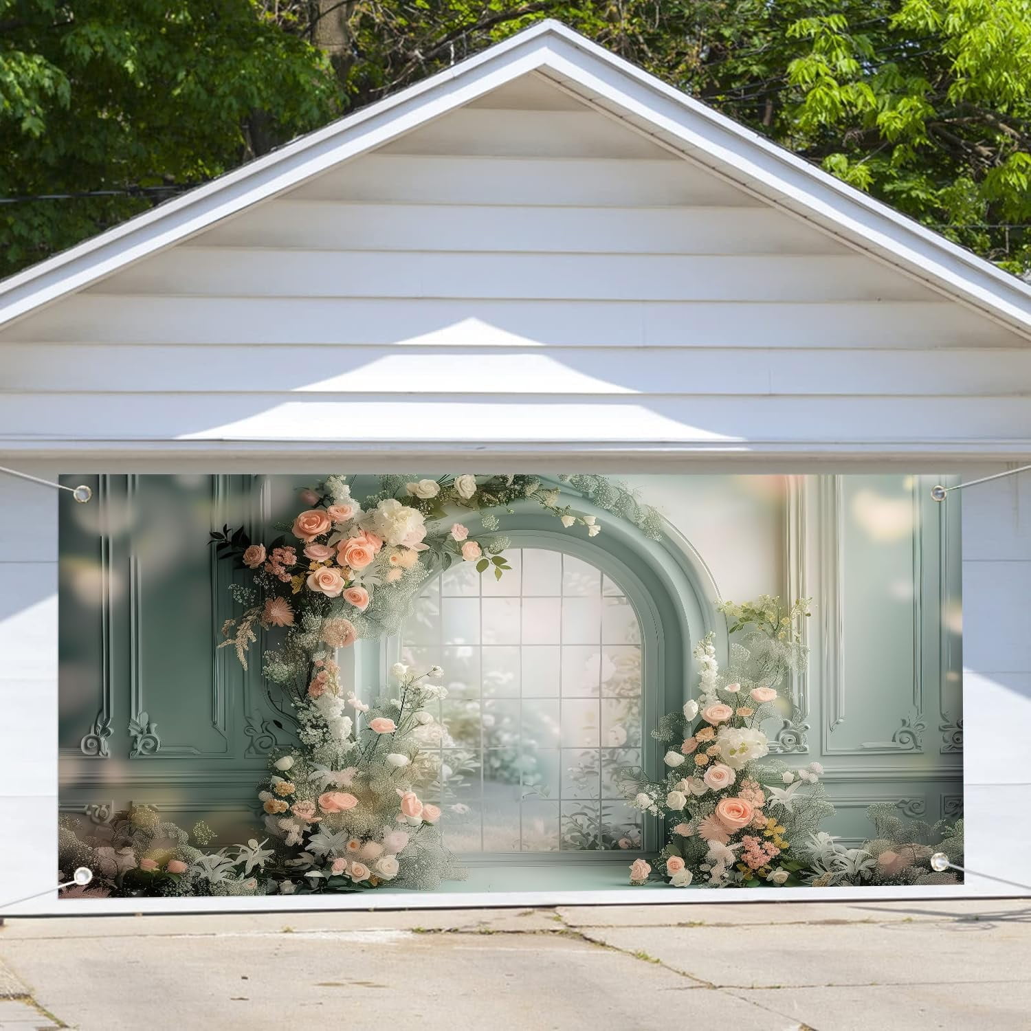 8X7 ft Wedding Flower Garage Door Background Green Retro Romantic ...