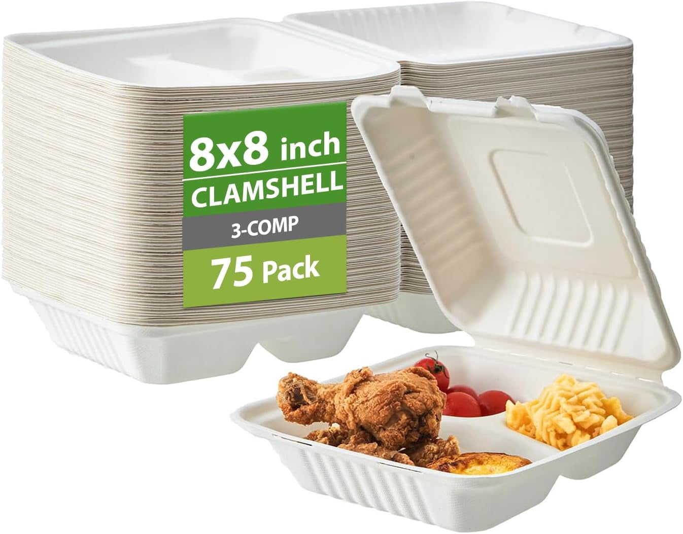 [8X8 3-Compartment 75-Pack Bio Natural Clamshell Take Out Food ...