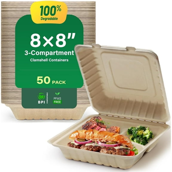 100% Compostable Clamshell Take Out Food Containers [8X8" 50-Pack ...