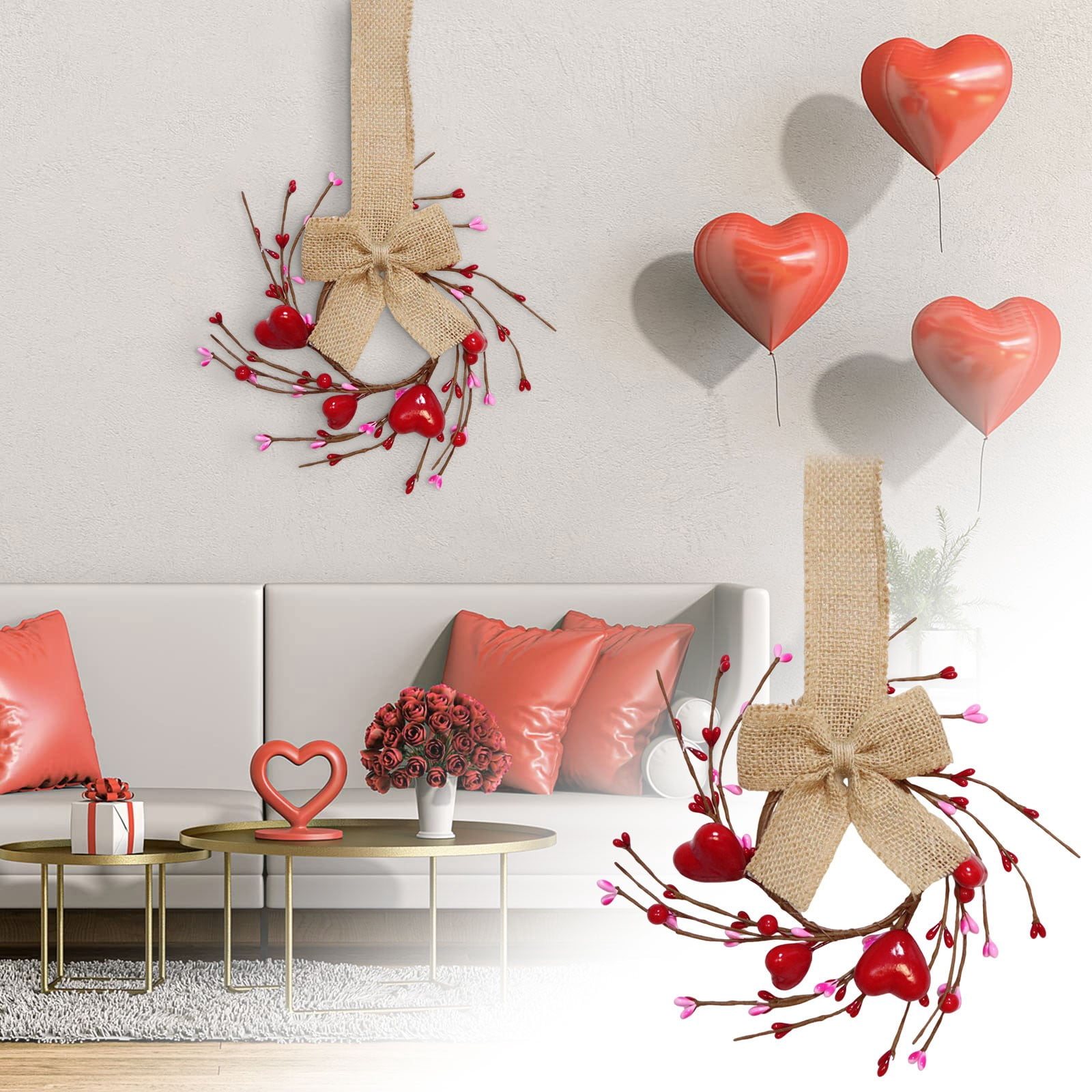 8cm Red & Pink Beaded Heart Wreath with Linen Bow, Valentine’s Day ...