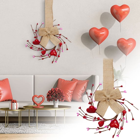 8cm Red & Pink Beaded Heart Wreath with Linen Bow, Valentine’s Day ...