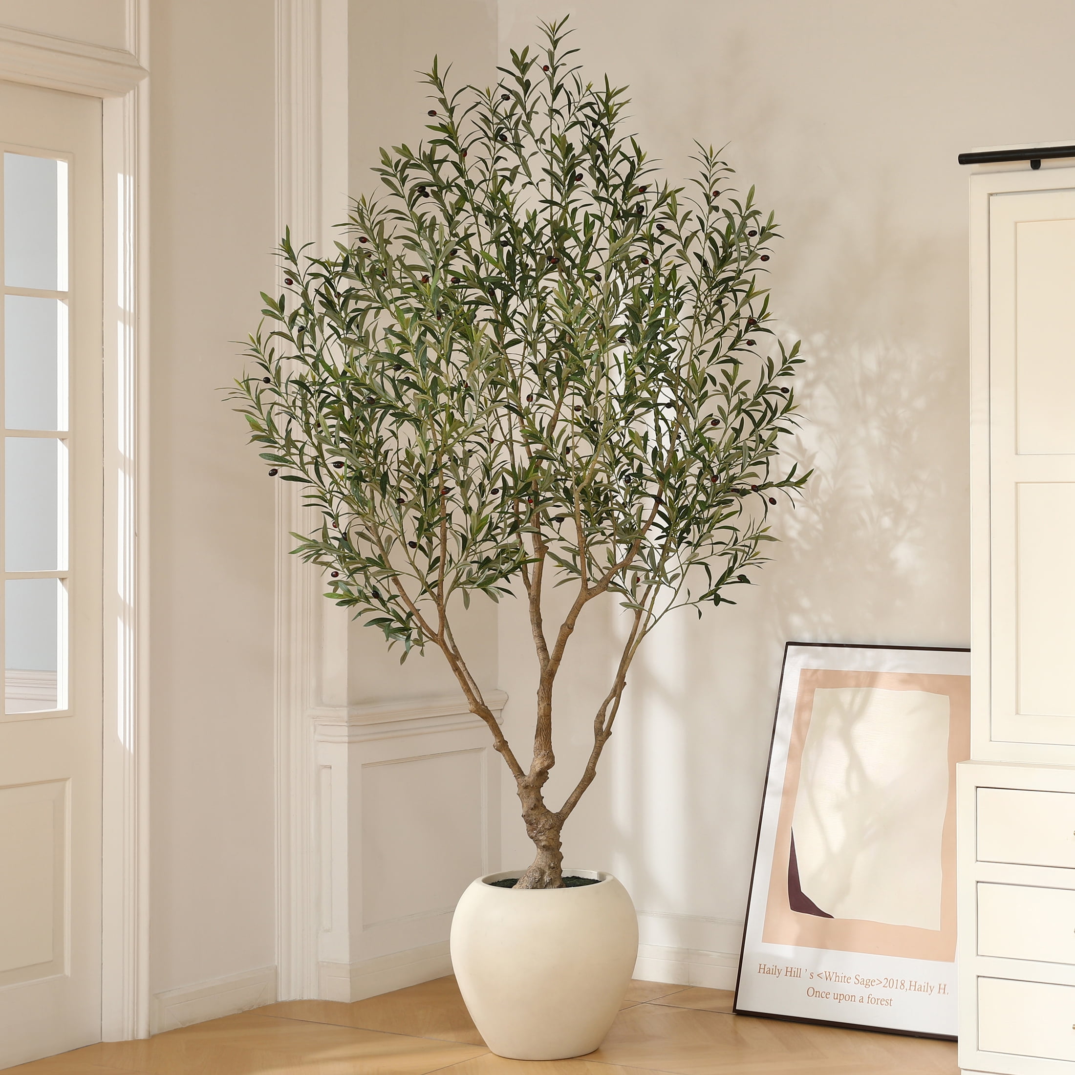 8ft Artificial Olive Tree with 18 inch White Planter, Tall Fake Olive ...