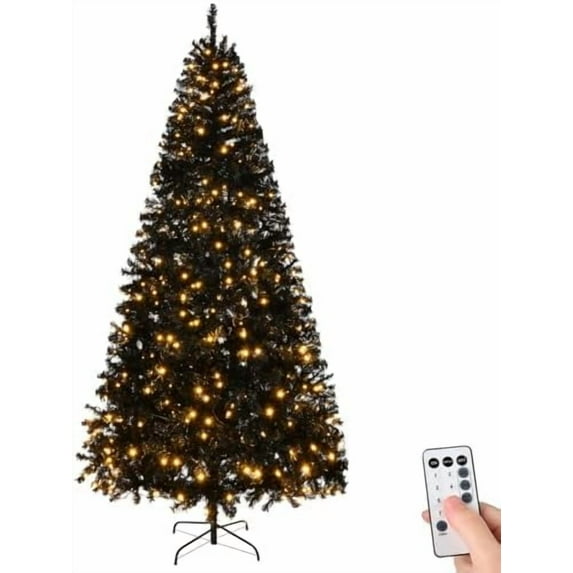 8ft Black Artificial Christmas Pine Tree with 550 Warm LED Lights, Pre ...
