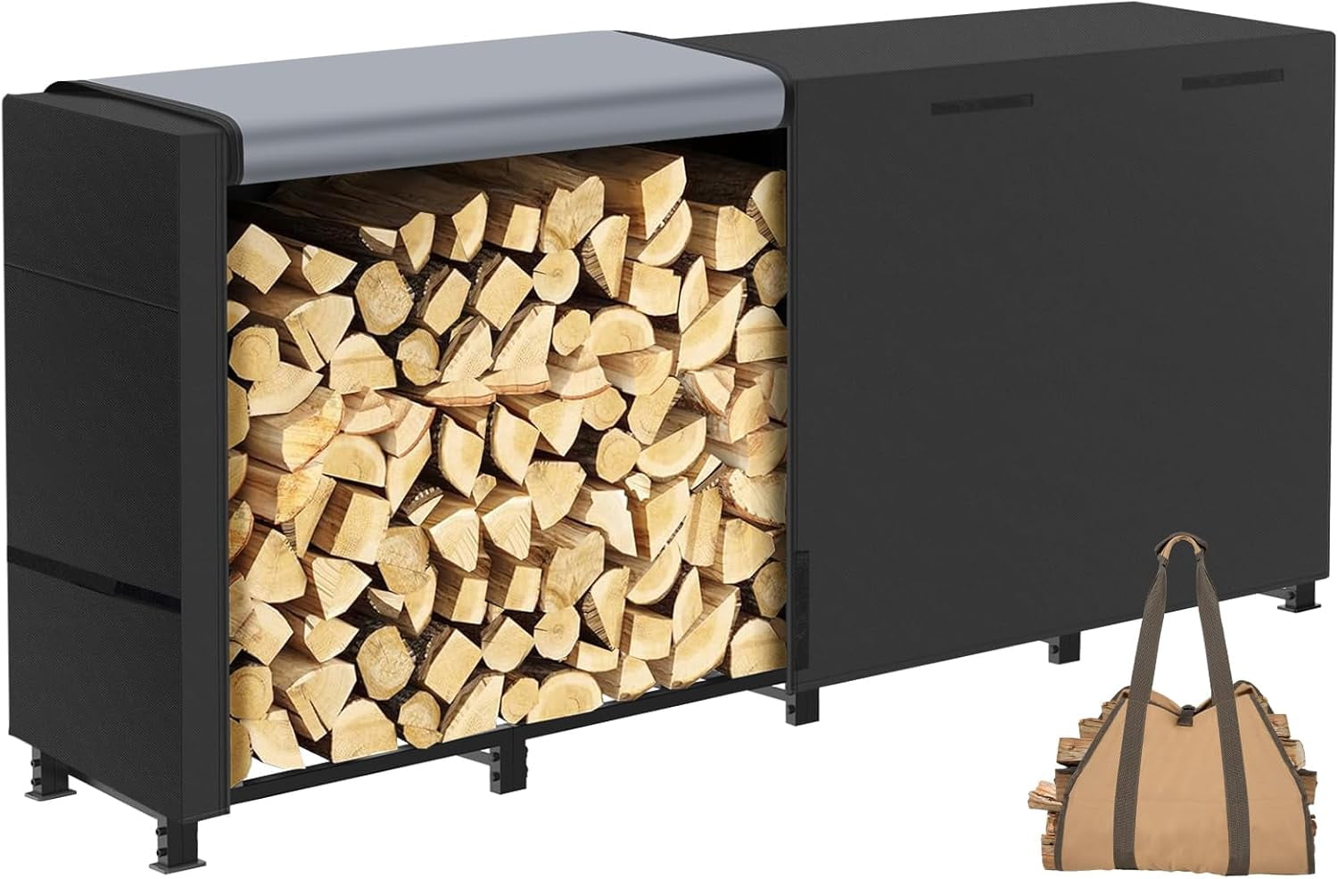 8ft Firewood Rack Outdoor with Waterproof Widened Cover, Heavy Duty ...