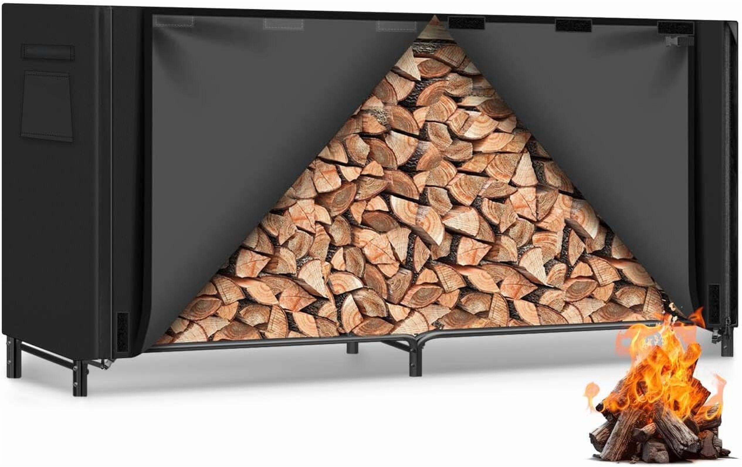8ft Firewood Rack Outdoor with Cover, Metal Heavy Duty Fire Wood ...