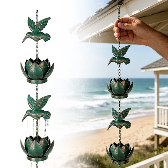 8ft Metal Rain Chain, Green Lotus and Hummingbird Design, Decorative ...