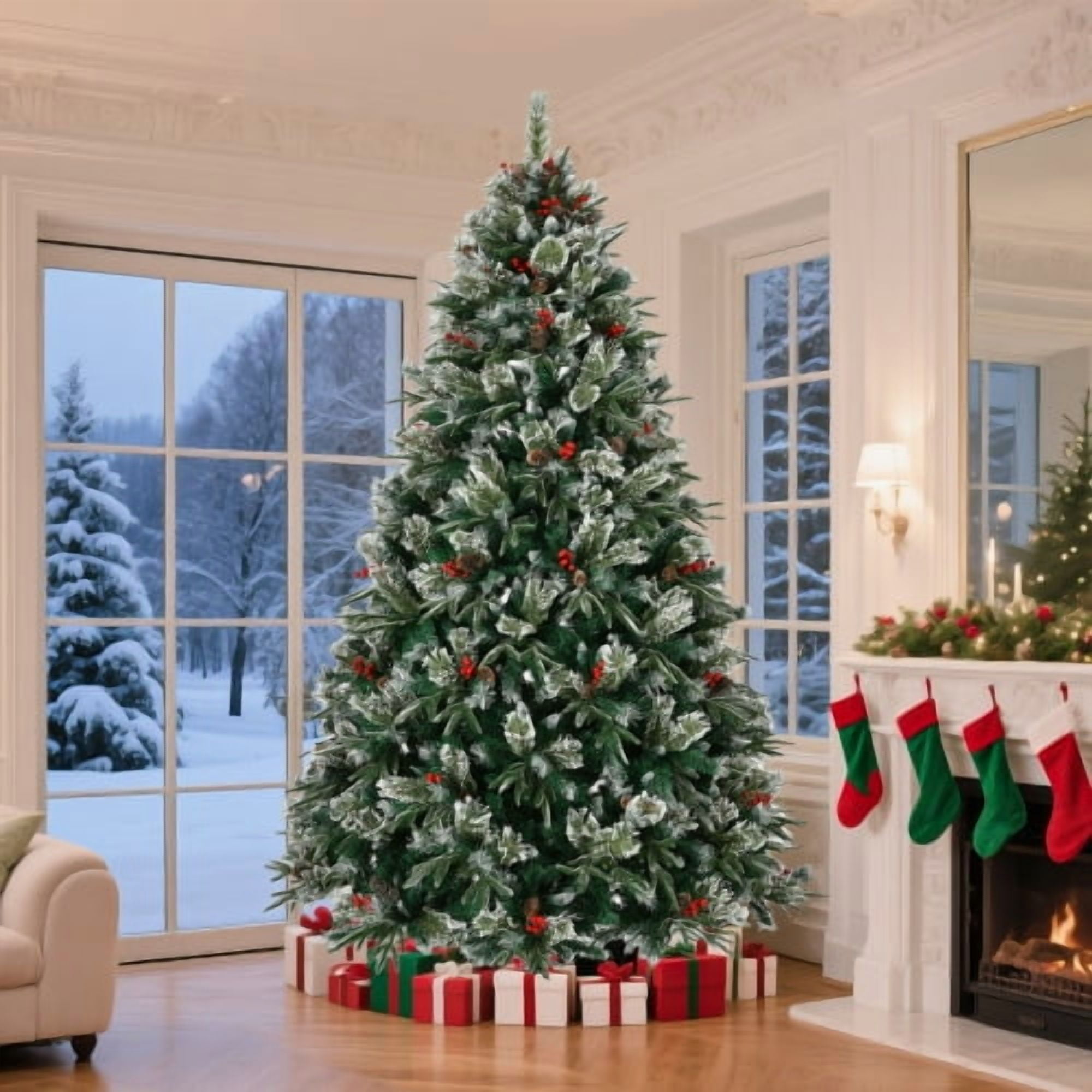 8ft Pre-Decorated Artificial Christmas Tree Snow Frosted with Pinecones ...