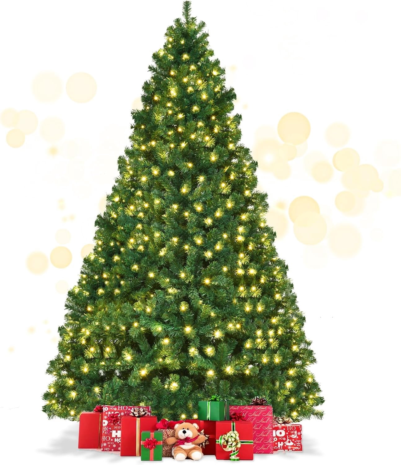 8ft Prelit Christmas Tree, Indoor Xmas Tree w/Pre-Strung 430 Warm White LED Lights, 1438 PVC ...